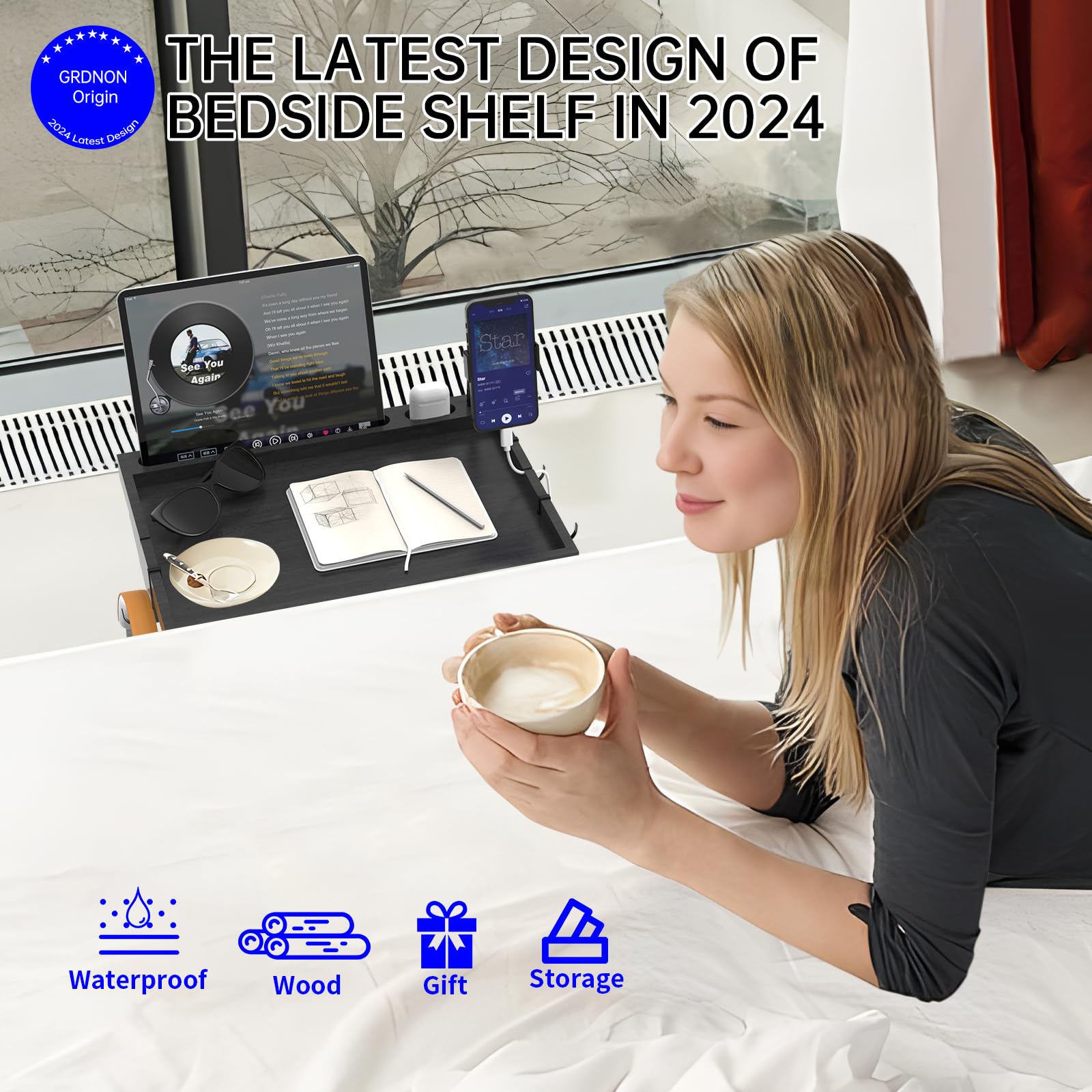GRDNON Bedside Shelf with Phone Holder for Bed, Bamboo Bed Shelf Organizer for Top Bunk, Clip on Nightstand for College Dorm Loft Bed, Bedside Shelf Tray for Kids, Built Earphones & Tablet Slot