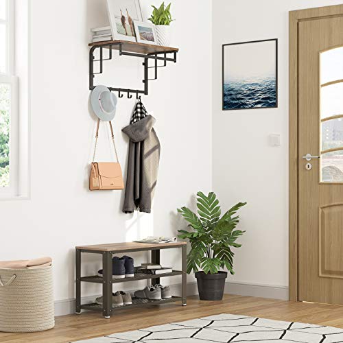 VASAGLE Shoe Bench, 3-Tier Shoe Rack, 11.8 x 28.7 x 17.7 Inches Shoe Shelf Storage Bench with Metal Mesh Shelves and Seat, Free Standing Shoe Organizer for Entryway, Greige and Black