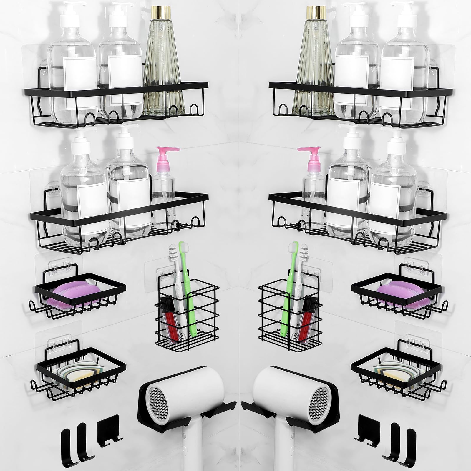 Blulu 18 Pcs Shower Caddy Bathroom Organizer Set Include Adhesive Black Bathroom Shelves Soap Caddy Toothbrush Holder Hair Dryer Holder Wall Mount Razor Holder Adhesive Hooks for Storage Washcloth
