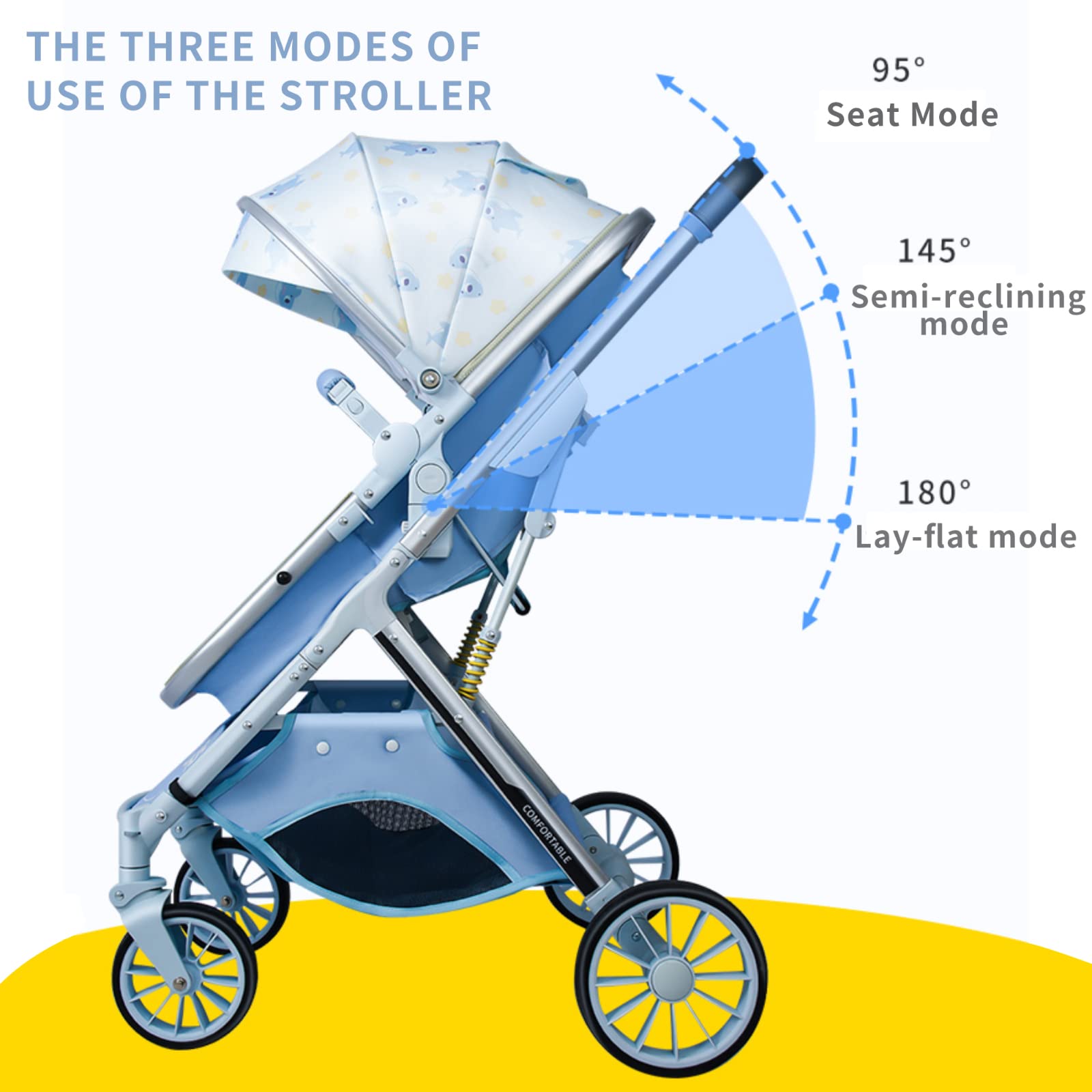 Baby Stroller - 2 in 1 High Landscape Convertible Stroller with Reversible Seat, Foldable Aluminum Alloy Pram Anti-Shock Toddler Pushchair Strollers for 0-36 Months Babies