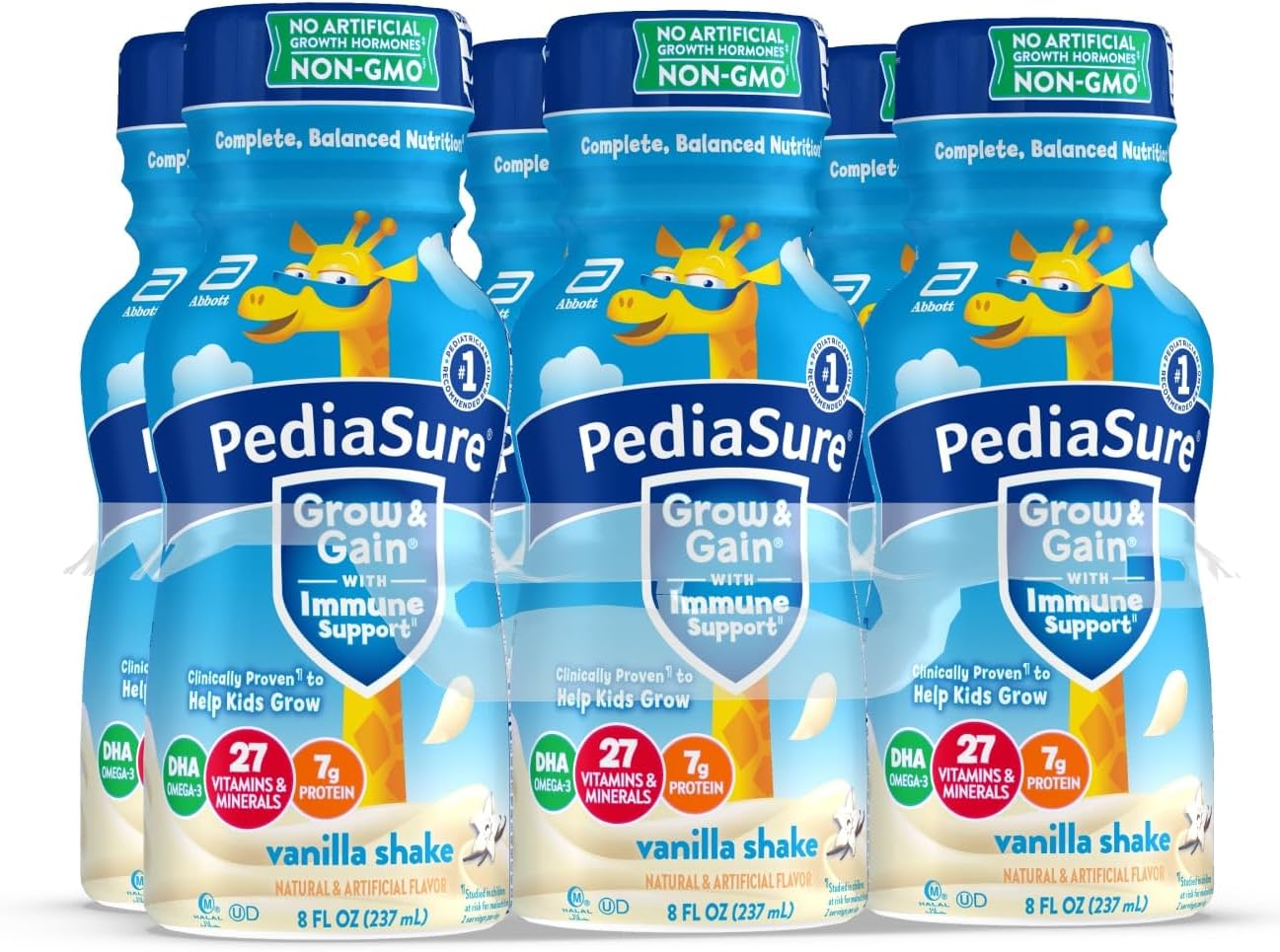PediaSure Grow & Gain With Immune Support, Kids Protein Shake, Vanilla, 8-fl-oz Bottle, 6 Shakes