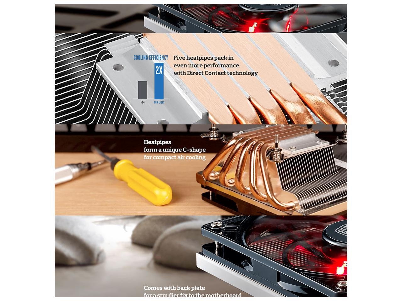 Cooler Master GeminII M5 LED - 2U Low Profile CPU Cooler with 5 Direct Contact Heatpipes & XtraFlo 120 Slim Fire Red LED PWM Cooling Fan for Intel AMD RR-T520-16PK (GeminII M5)