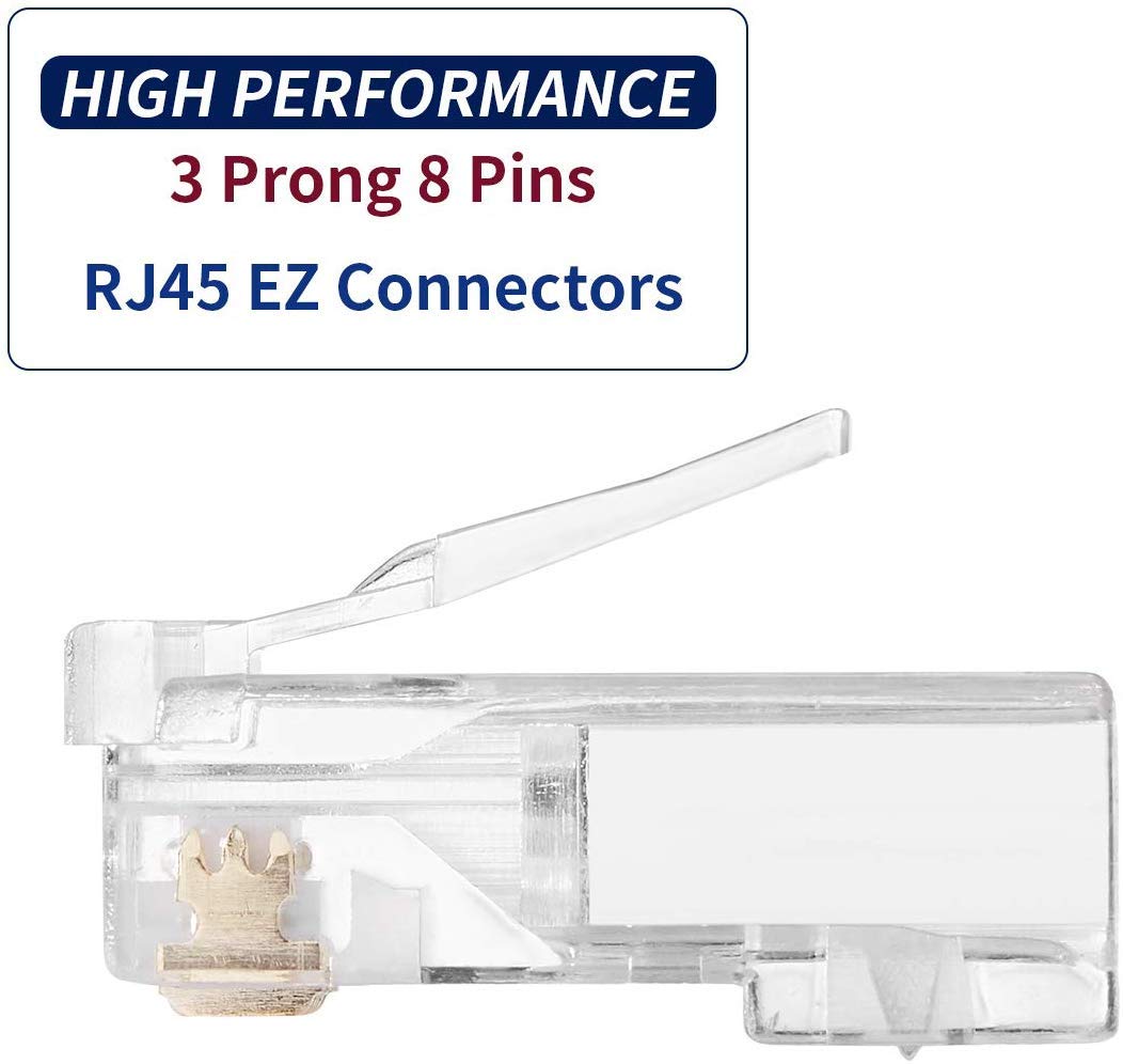 Quilence CAT6 Connectors RJ45 Pass Through Connectors 50pcs 3 Prong Ethernet Gold Plated Network Ends Plug Cable Connectors for 24AWG CAT6 CAT5E Cable