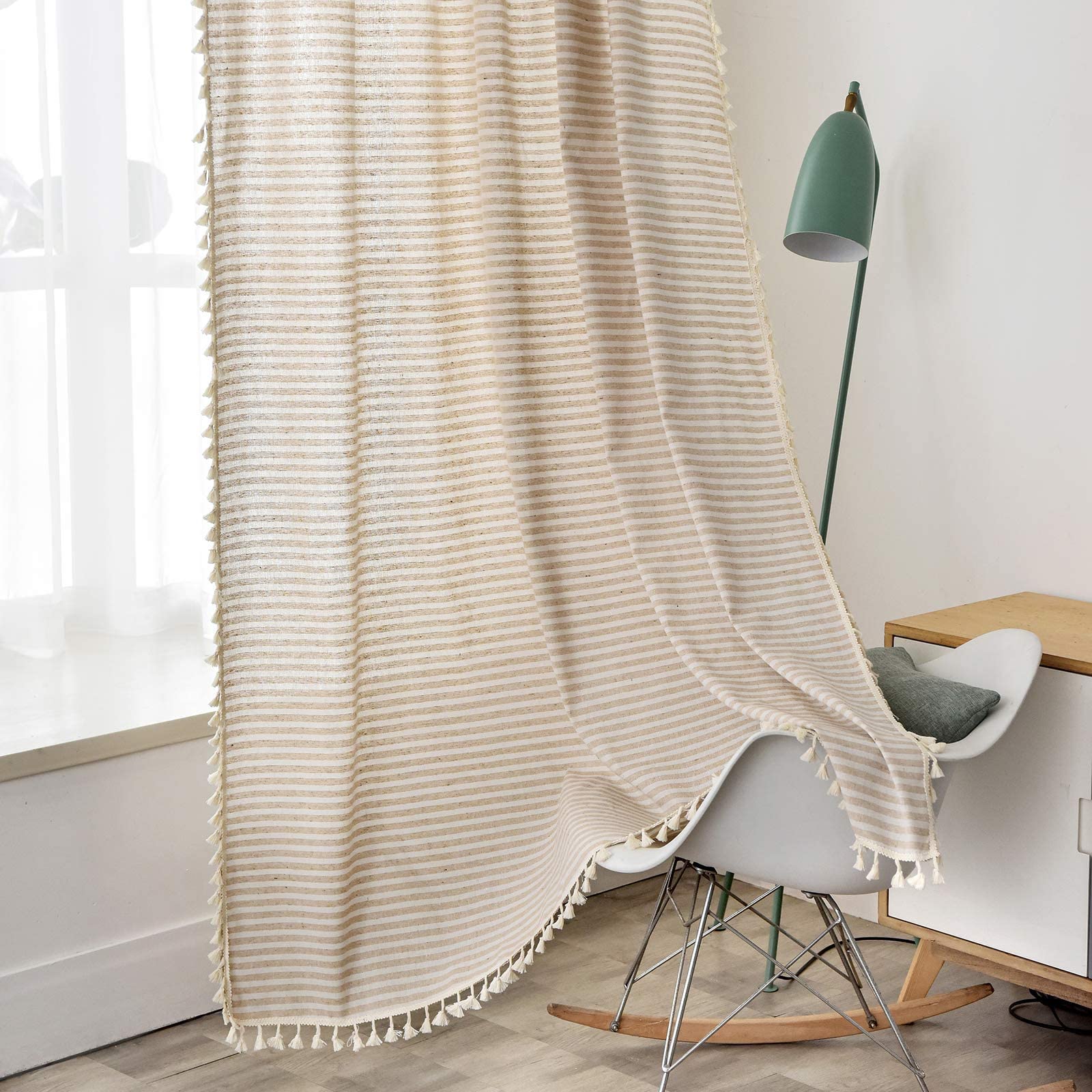 ColorBird Striped Semi-Blackout Window Curtains 2 Panels Farmhouse Style Cotton Linen Darkening Curtains with Tassel Rod Pocket Window Drapes for Dining Living Bedroom (52" W x 84" L, 1 Pair, Beige)