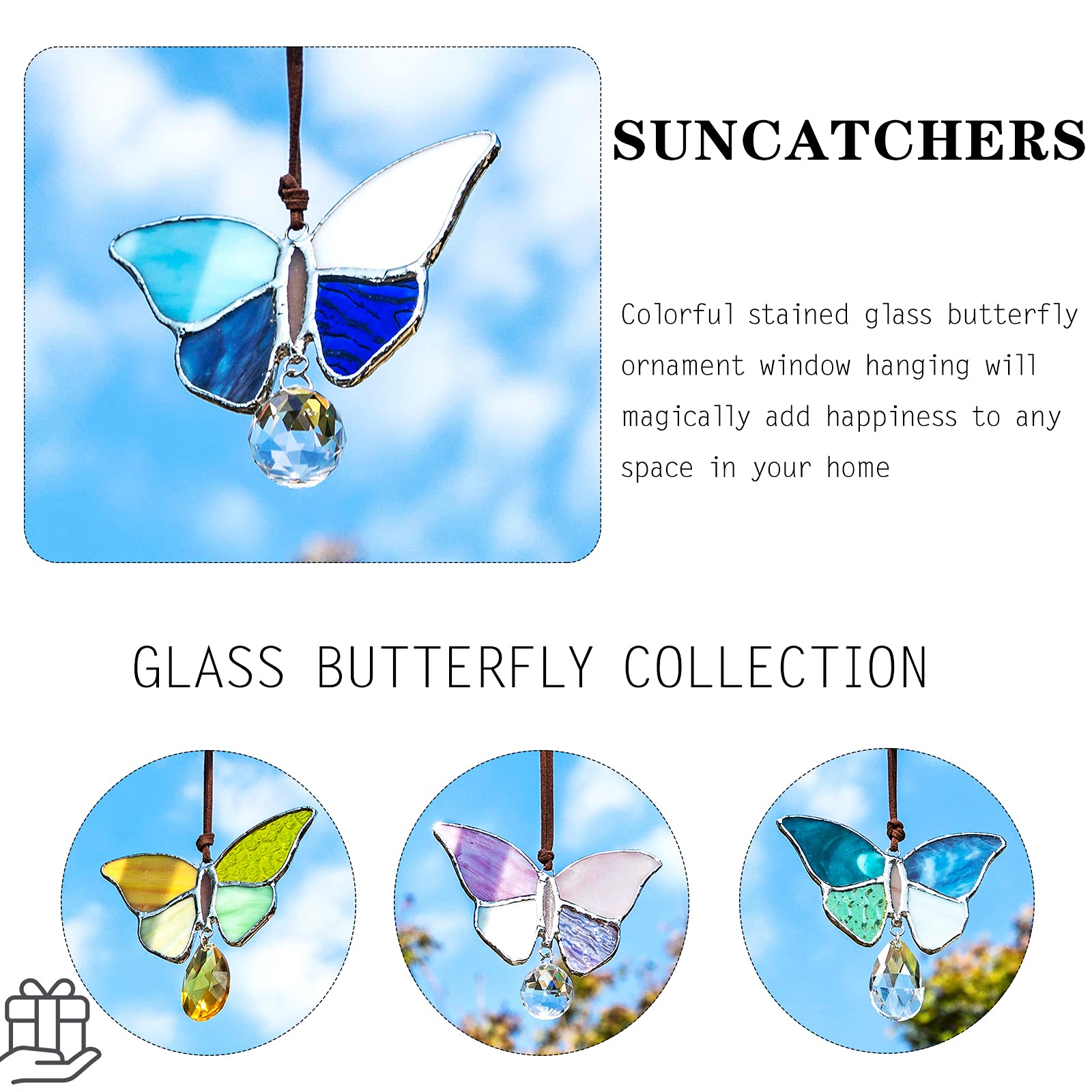 H&D HYALINE & DORA Tiffany Stained Glass Window Hangings Butterfly Shaped Art Style Sun Catcher Windows Panels for Home Garden Party Christmas Day Gift