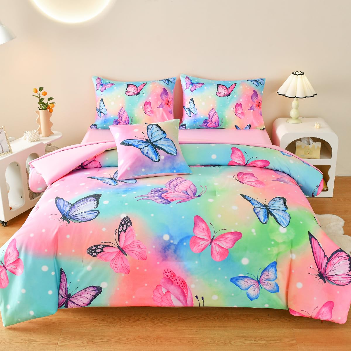 Tasselily Butterfly Bedding Set Full, Pink Butterfly Comforter Set for Girls Kids Teens 6 pcs Bed in a Bag Full Bedding Sets for Girls