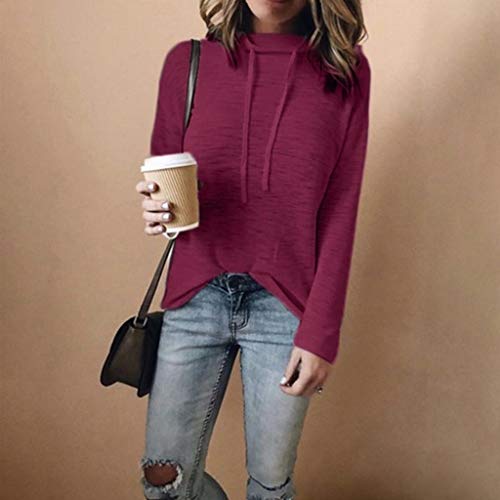 Fheaven Women Winter Hoodie Pullover Solid Color High Collar Long Sleeve Casual Drawstring Loose Top