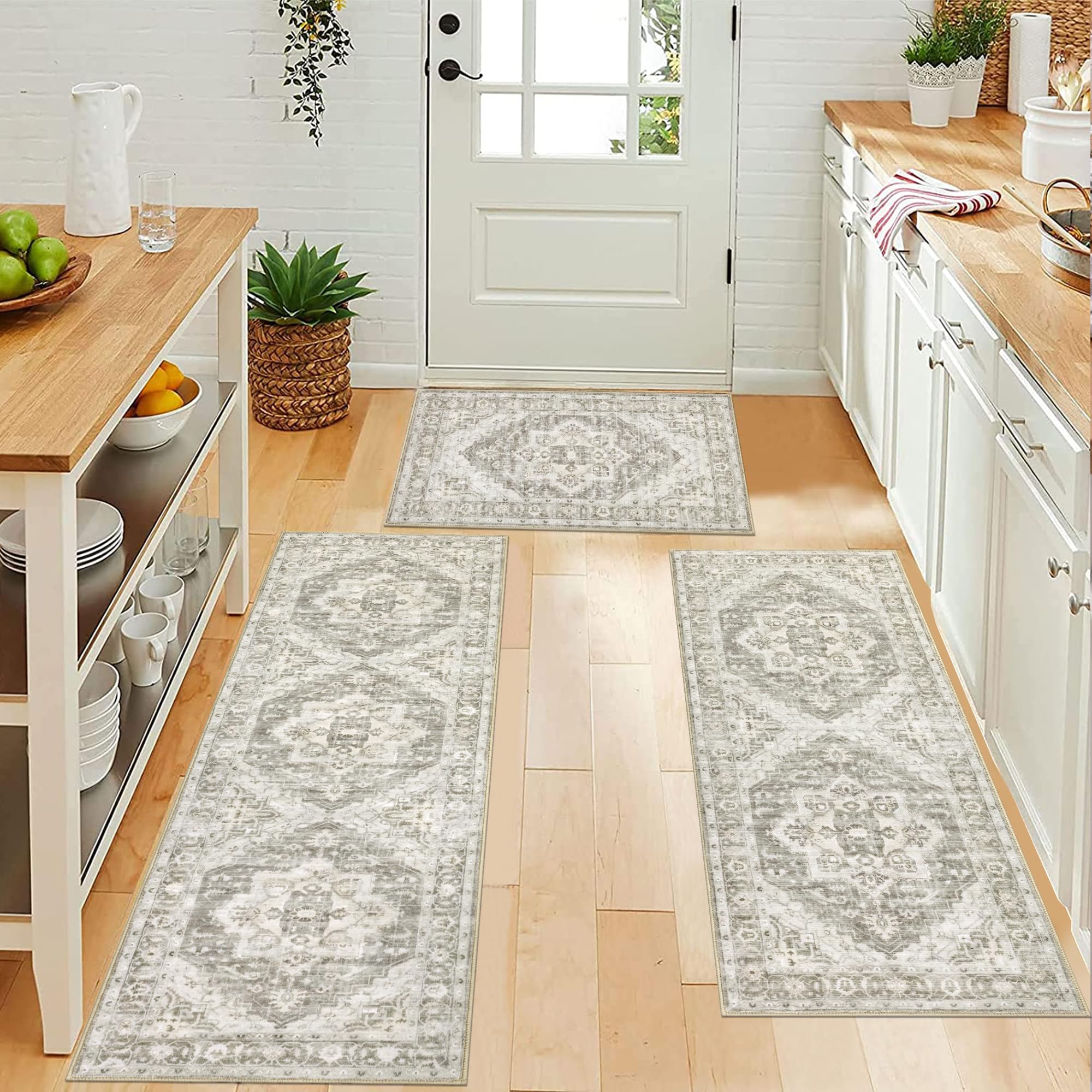 Pauwer Farmhouse Kitchen Rugs Sets of 3, Kitchen Runner Rugs Non Slip Washable, Boho Kitchen Mats for Floor, Indoor Door Mat Entrance, Laundry Room Rug, Thick Kitchen Floor Mat Carpet