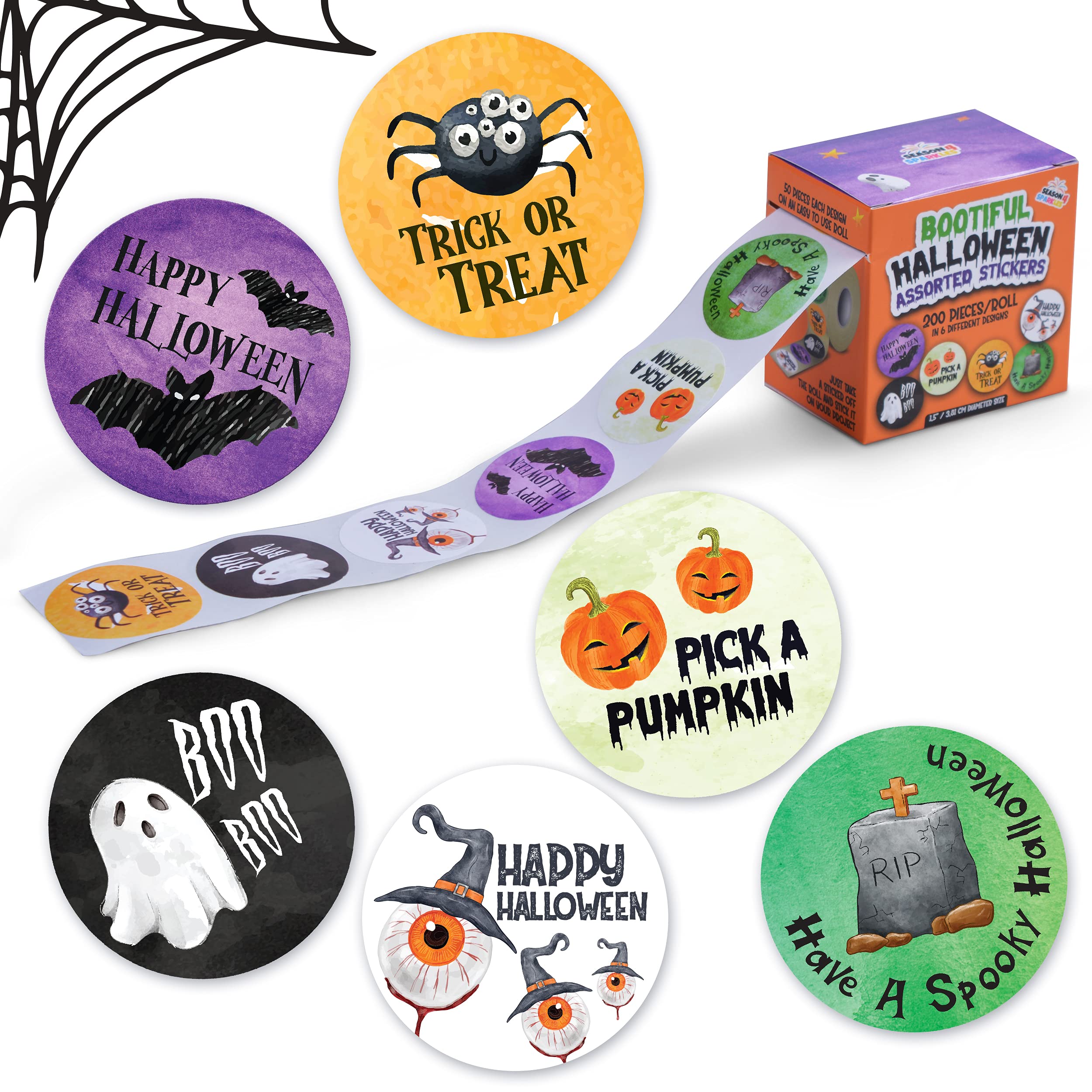 Halloween Sticker Roll 1.5 Inches - 200 Pcs Cute Halloween Stickers for Kids, Toddlers and Adults - 6 Designs Happy Halloween Stickers Bulk Suitable for Party Decors, Arts and Crafts and Goodie Bags