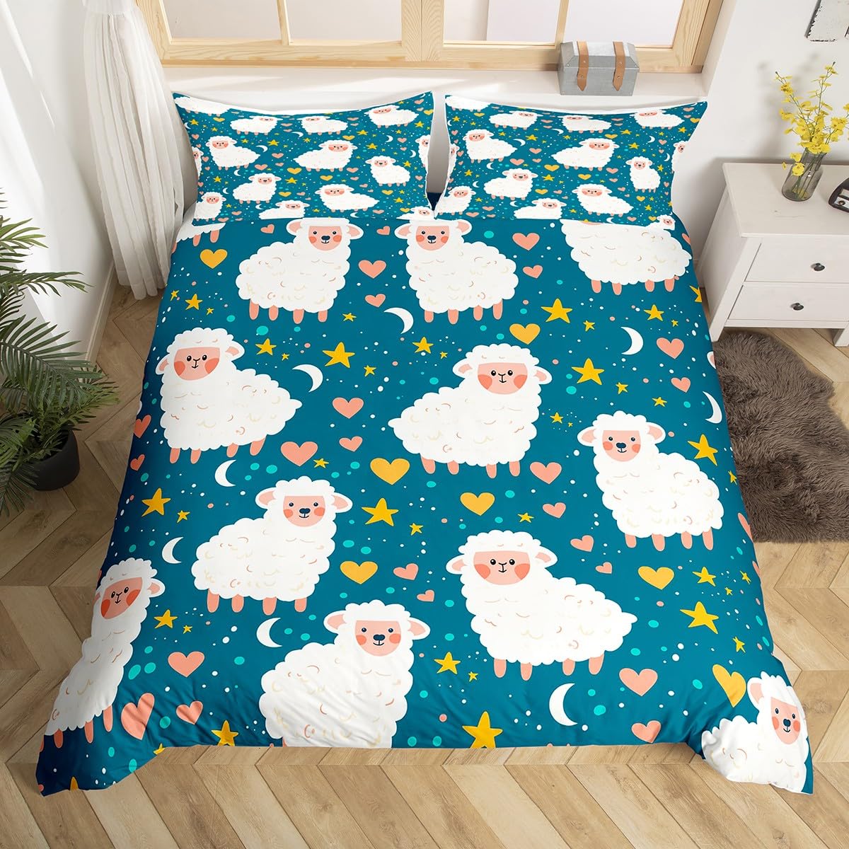 Castle Fairy White Sheep Pattern Bedding Sets Queen Colorful Spots Love Deying Comforter Cover for Kids Microfiber 3 Pieces Duvet Sets(1 Duvet Cover 2 Pillow Cases),No Comforter