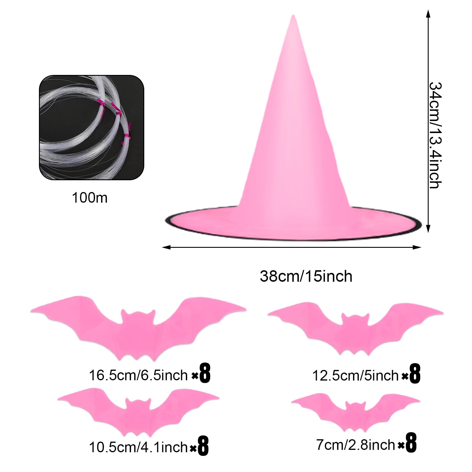 Whaline 14Pcs Halloween Pink Witch Hat with 109 Yards Hanging Rope 32Pcs 3D Bat Stickers Scary Witch Cap Halloween Hanging Decoration for Halloween Home Inside Outside Garden Yard Lawn Decoration