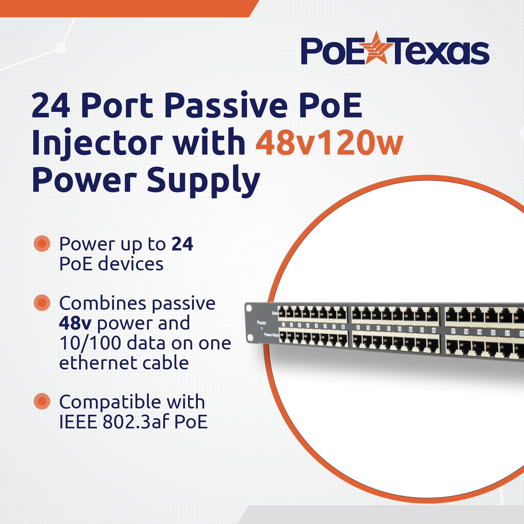 PoE Texas 24 Port PoE Injector with 48v120w Power Supply - 10/100 Data - Rack Mount - Add Passive Mode B 802.3af PoE to a Non PoE Switch for VoIP, WiFi AP, IP Camera, Security & Surveillance Systems