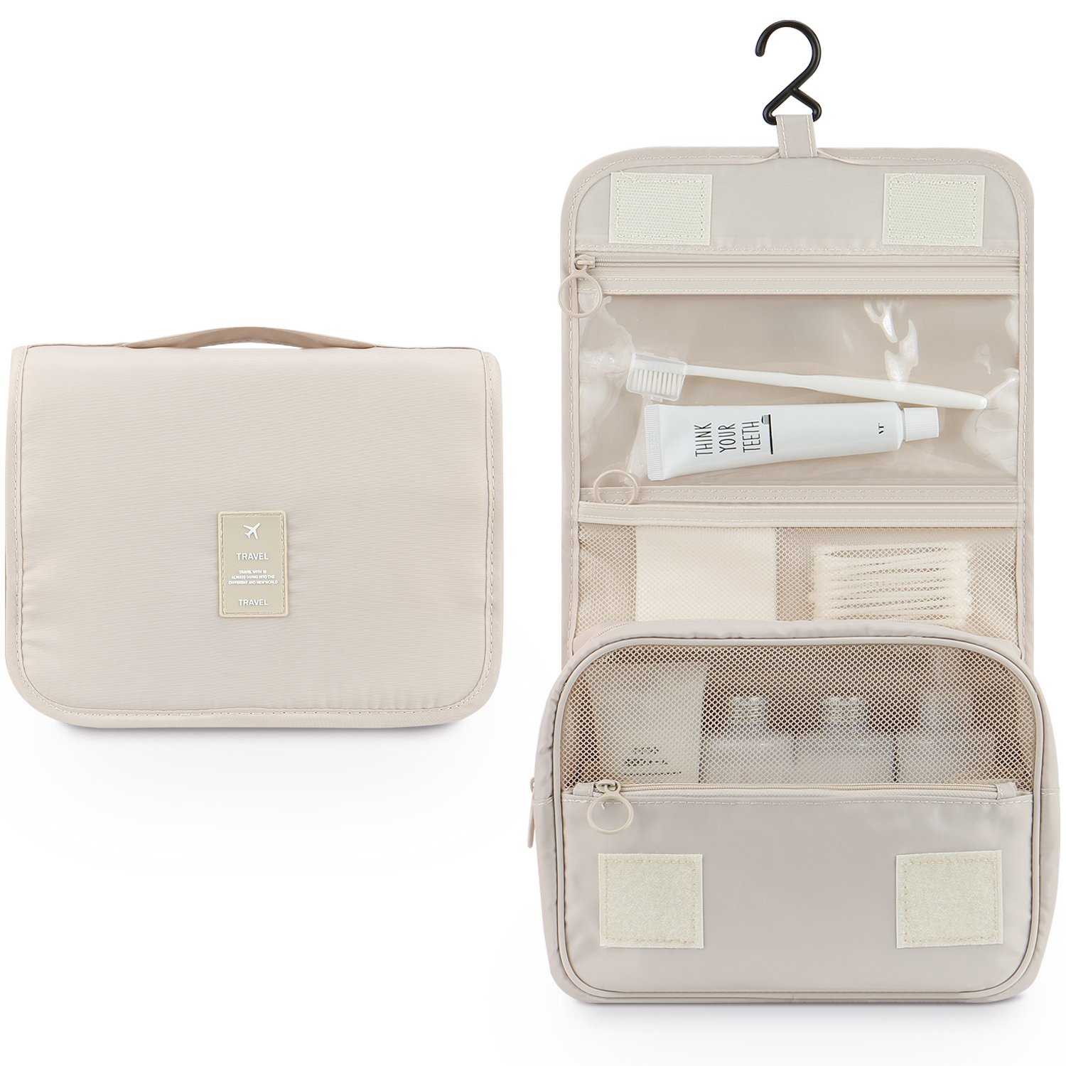 Mossio Hanging Toiletry Bag - Large Cosmetic Makeup Travel Organizer for Men & Women with Sturdy Hook (Beige)