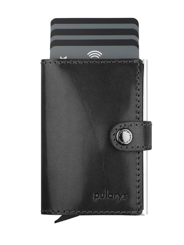 pularys VIKING Mini Wallet - Premium Leather - Black - Snap Fastener - Bank Note Pocket - RFID blocking - Up to 8 Card Slots - Comfortable and Safe - Classic