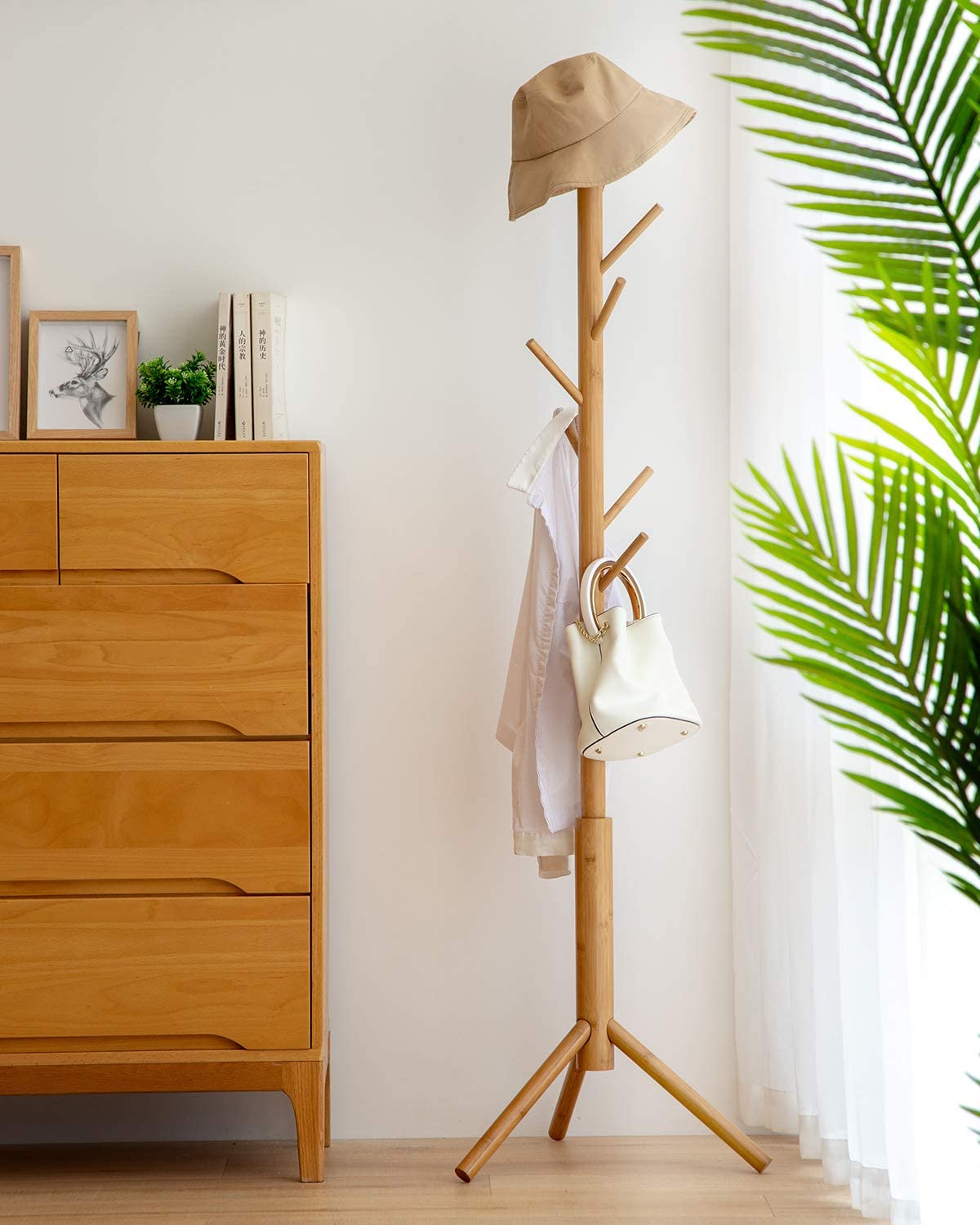 BMOSU Coat Rack freestanding Stand Bamboo Wooden Coat Tree 8 Hooks 3 Adjustable Standing Jackets Hanger Hallway Corner Parlor(Nature)
