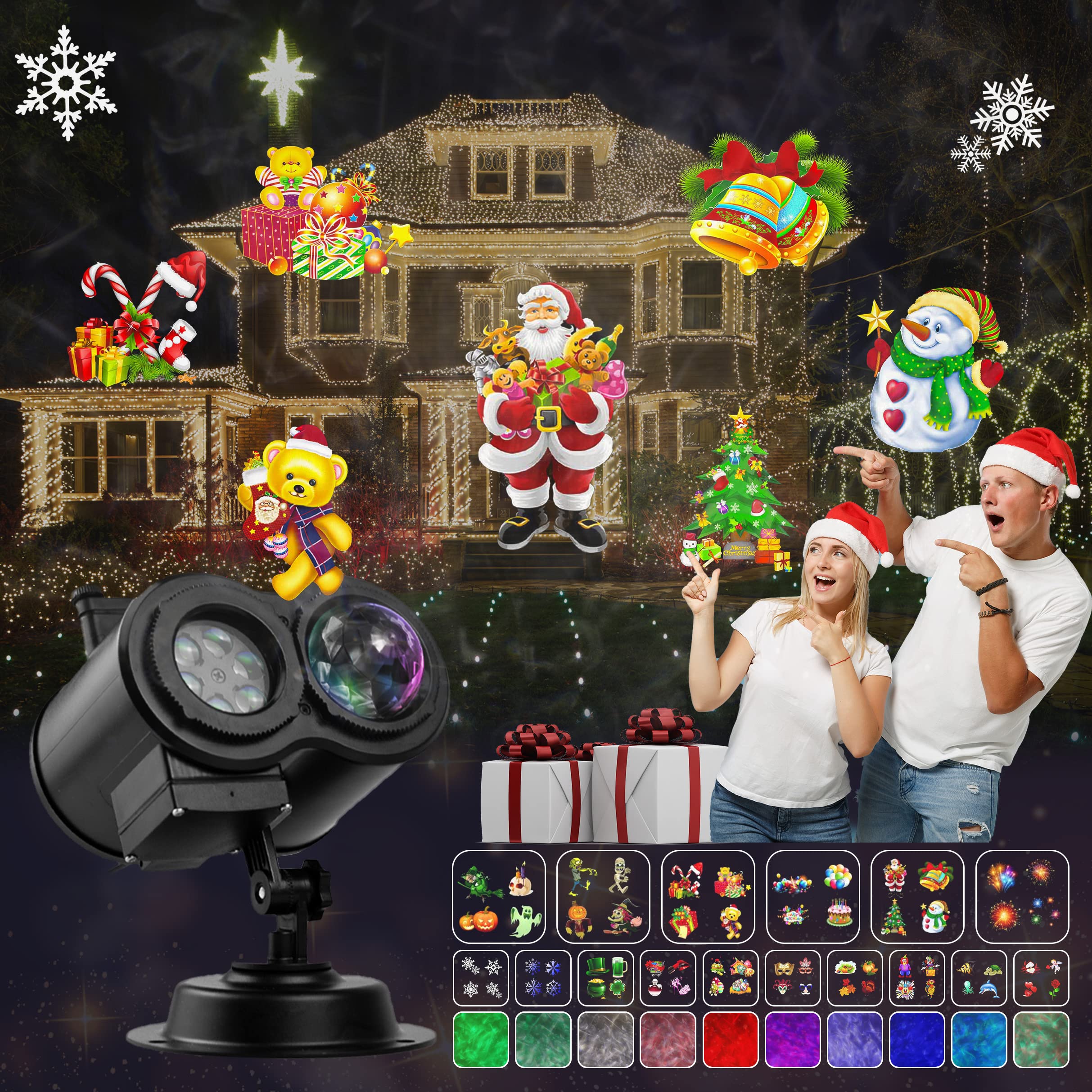 Projector Lights, Ampulla Christmas Halloween Holiday Ocean Wave Projector Lights 2-in-1 26 HD Effects 16/24 Pattern Slides Outdoor Indoor Xmas Theme Party Yard Garden Decorations… (16 HD Slides)