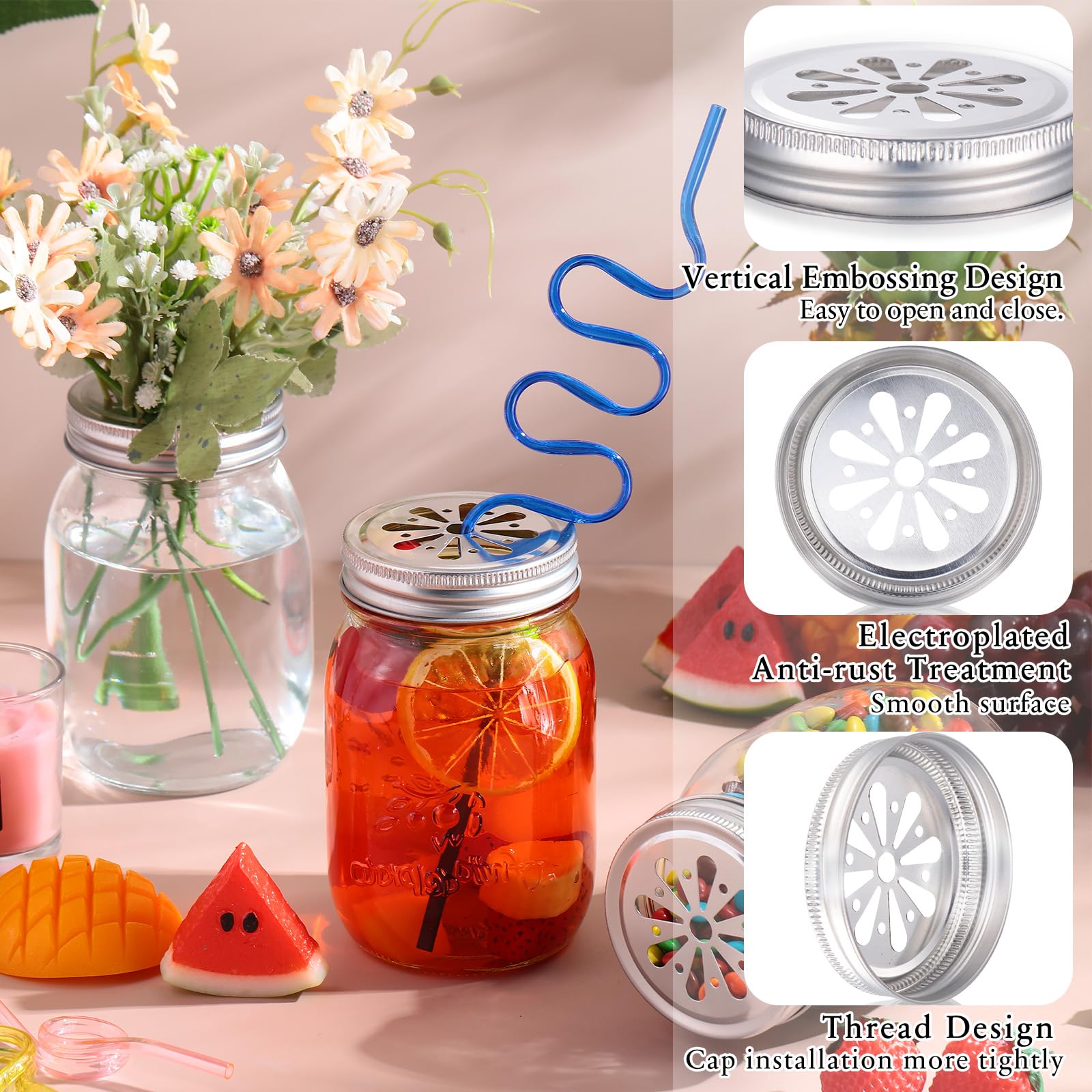 Patelai 100 Pcs Masons Jar Lids with Holes, Daisy Flower Cut Out Straw Lids, Regular Masons Jar Lid Bulk Rustproof Jar Lids Decorative, Fits 8 oz, 12 oz and 16 oz Mason Jars, 2.7 Inch,Silver
