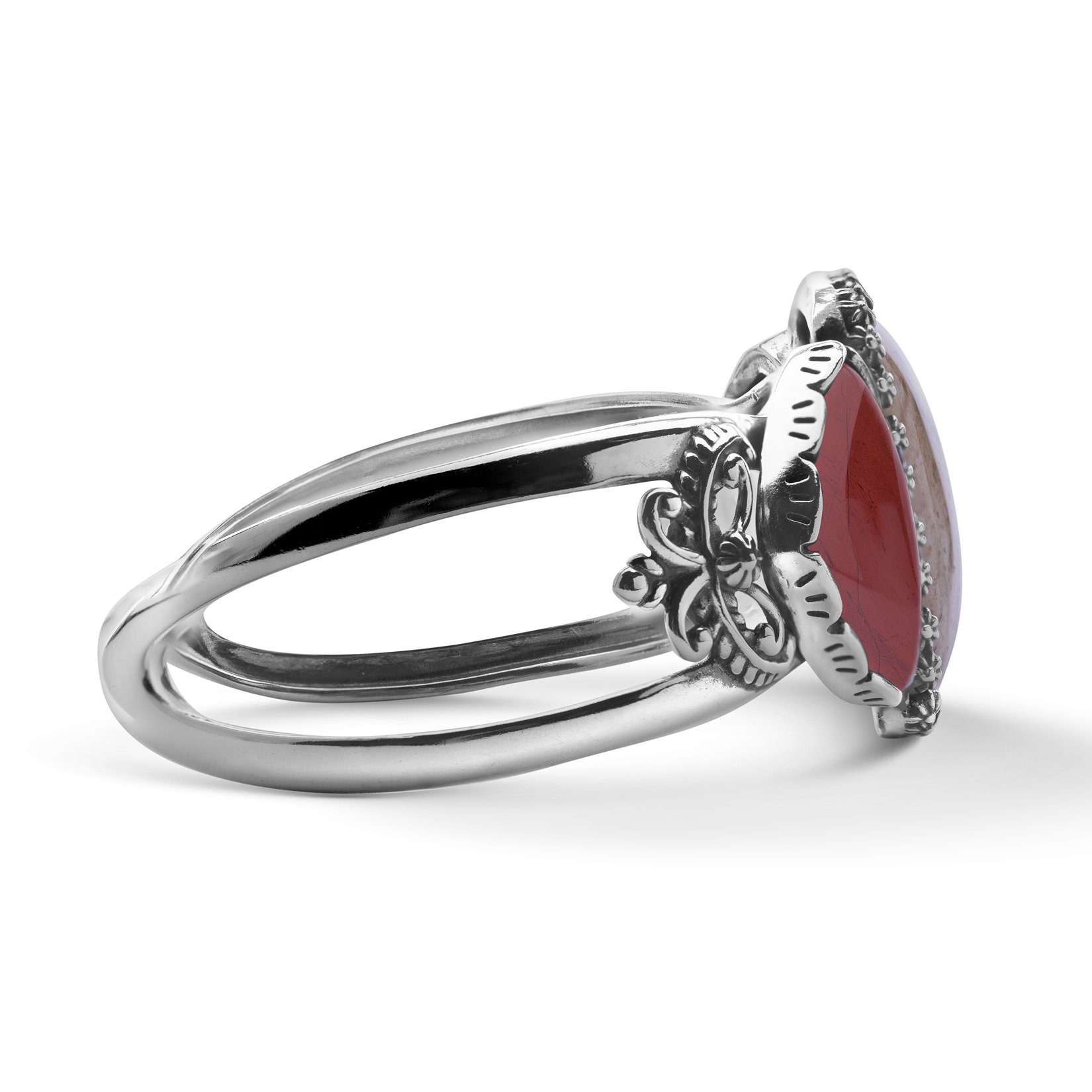 American West Sterling Silver Red Coral and Picture Jasper Gemstone Cuff Bracelet Size Medium