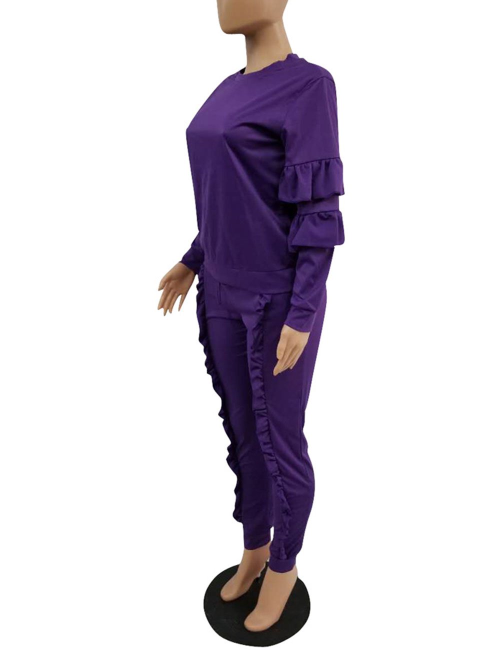 Akmipoem Casual Ruffle Two Piece Outfits Pullover Tops and Pants Jumpsuit Set for Ladies Purple XL