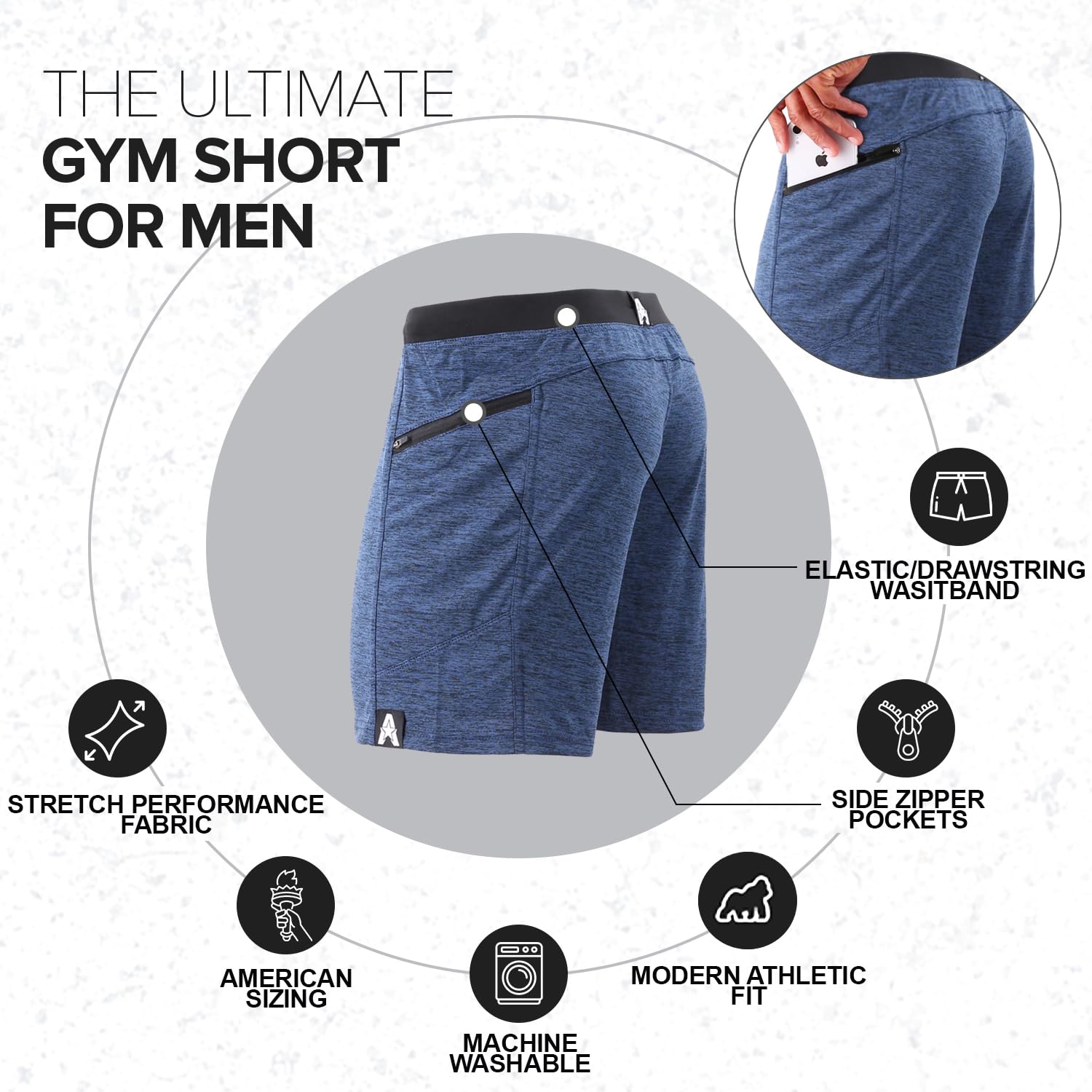 Anthem Athletics Hyperflex 7 Inch Men's Workout Shorts - Zipper Pocket Short for Running, Athletic & Gym Training - Iron Navy G2 - Large