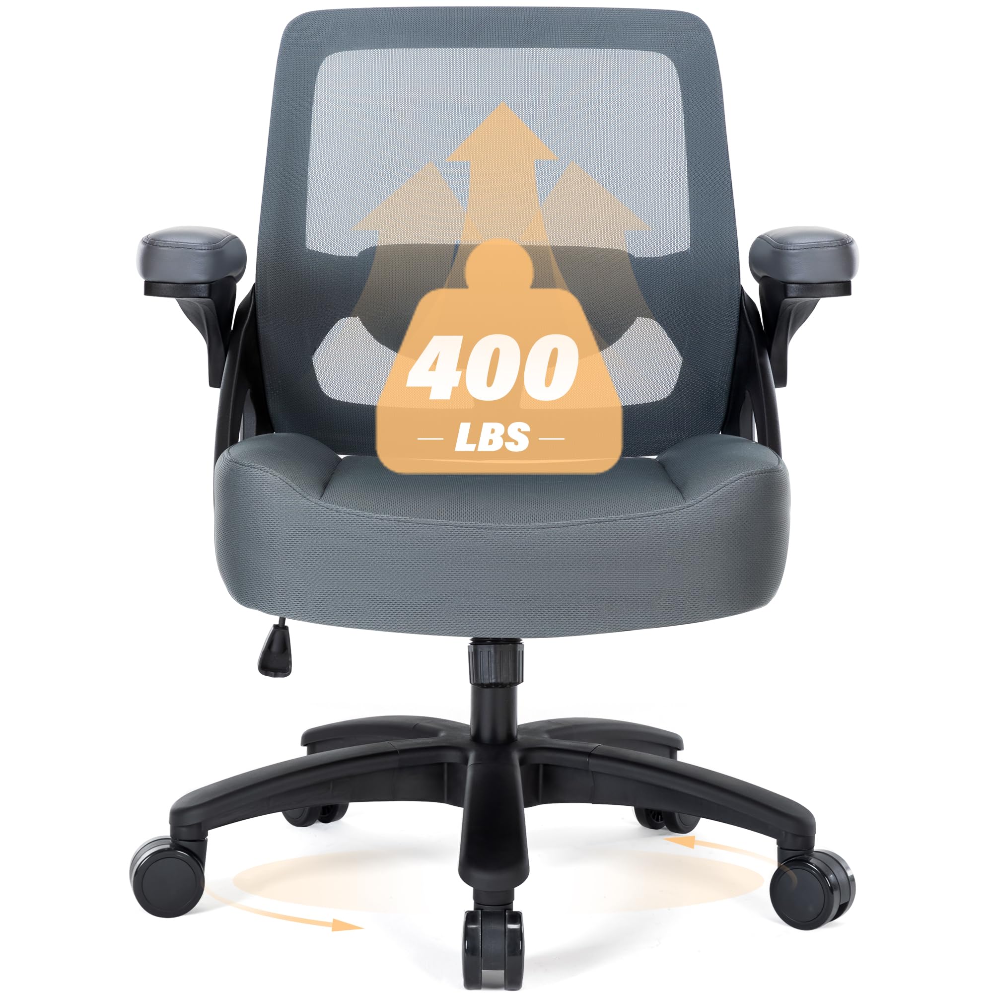 Big and Tall Office Chair 400lb- Mesh Ergonomic Heavy Duty Desk Chair- Flip Arms, Plus Size Wide Seat Executive Computer Chair for Large People- Home Office Swivel Rolling Task Chairs