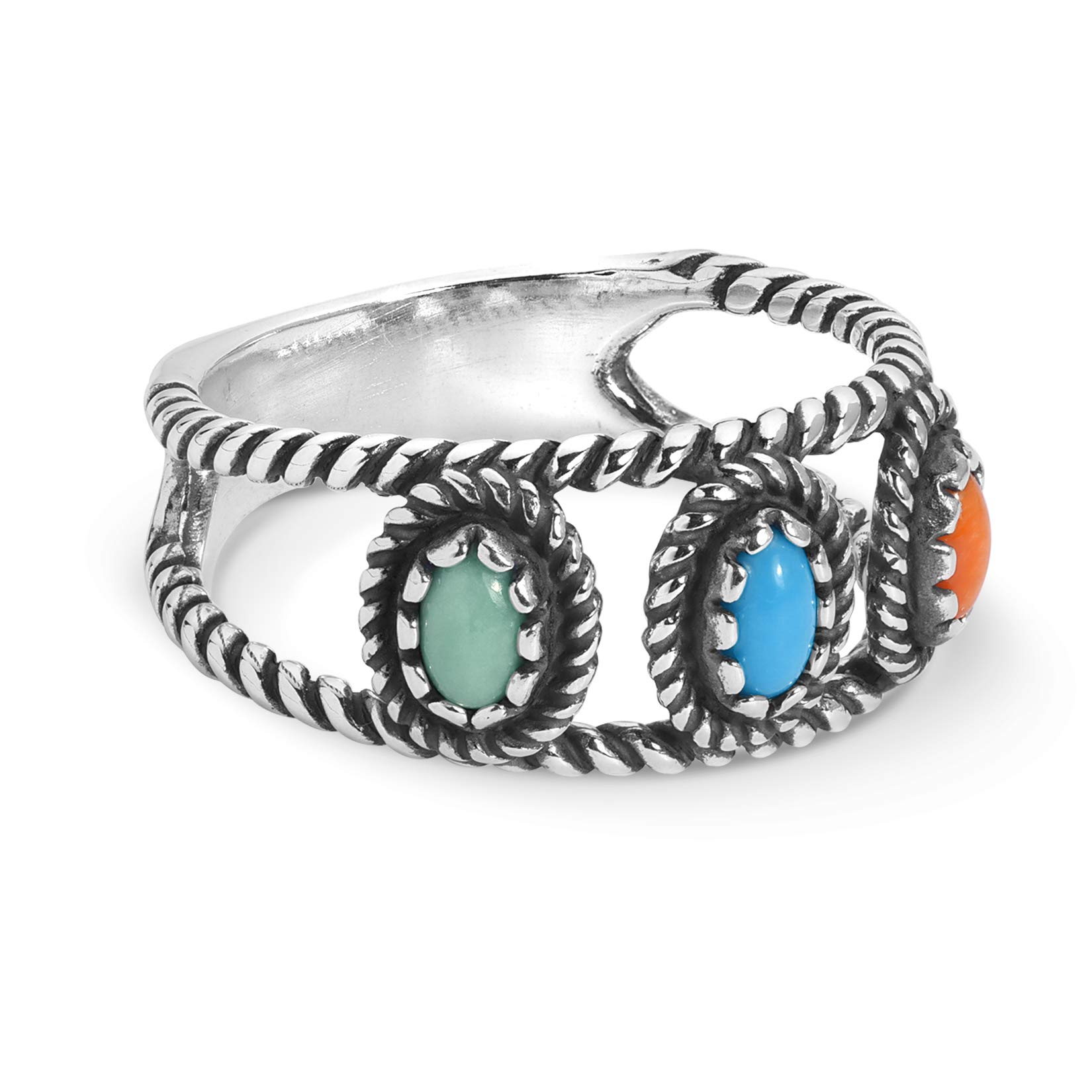 American West Sterling Silver Orange Spiny Oyster, Turquoise and Green Variscite Gemstone 3-Stone Band Ring Size 5
