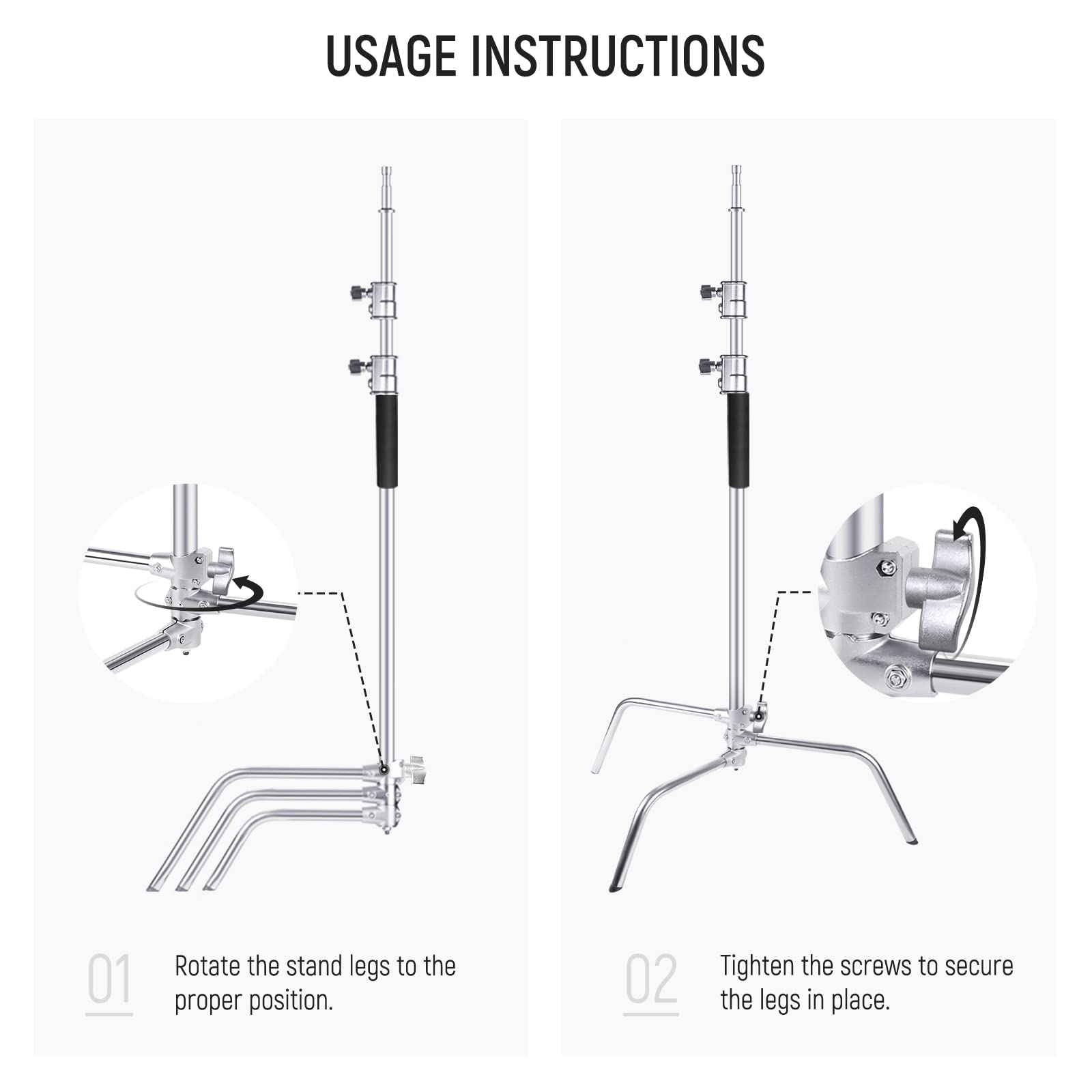 NEEWER C Stand with Boom Arm & Sliding Legs, Pro 100% Stainless Steel Stand Max Height 10.13ft/309cm with 3.9ft/120cm Arm & 2 Grip Heads for Photography Umbrellas, Reflectors, Softboxes and Monolights
