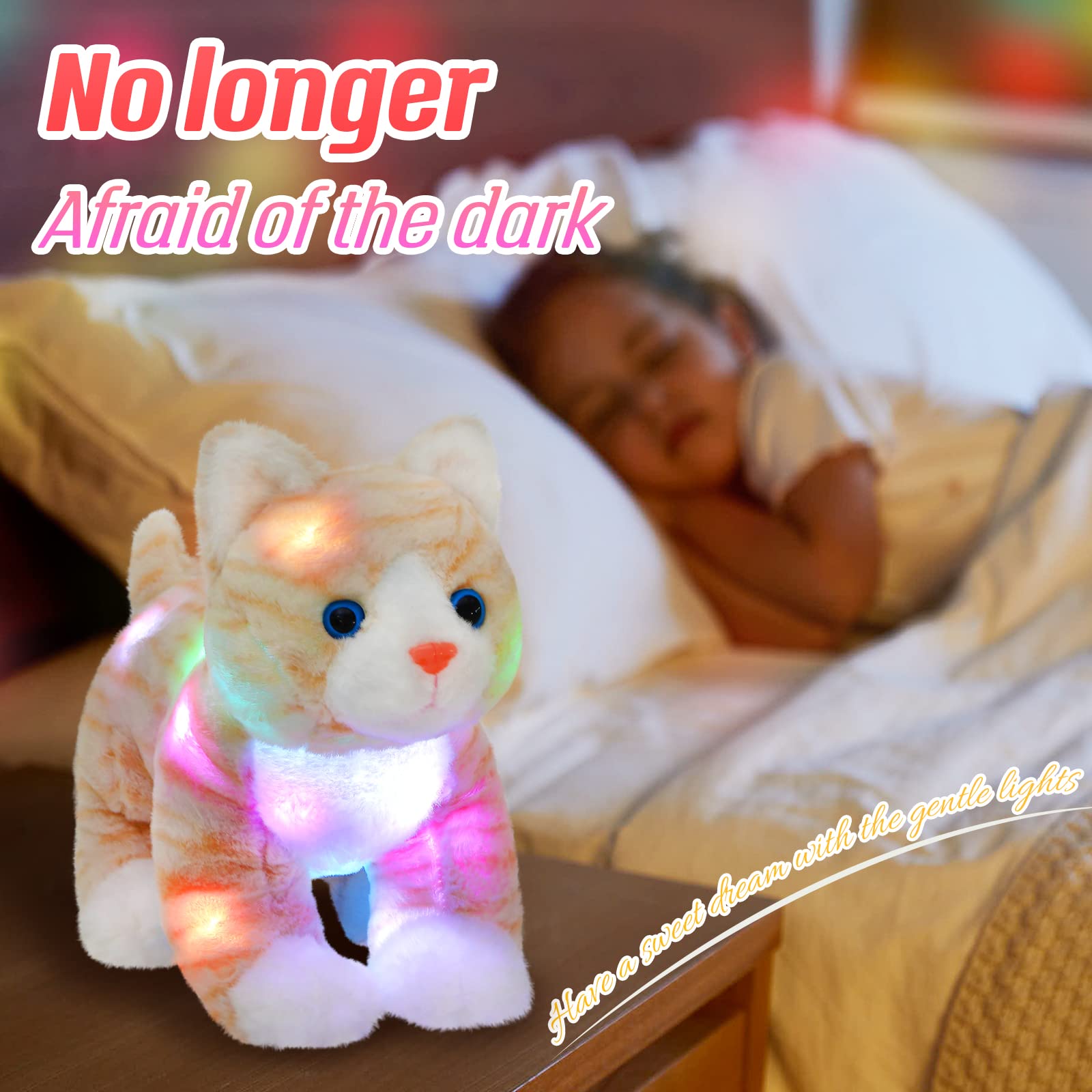 Glow Guards 14'' Light up Kitty Stuffed Animal Soft Realistic Cat Plush Toy with LED Night Lights Glow Birthday Children's Day Gifts for Toddler Kids