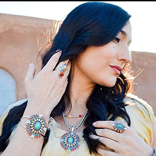 American West Sterling Silver Women’s Cluster Pendant Necklace Green Turquoise, Orange and Red Spiny Gemstone Beaded 17 Inch