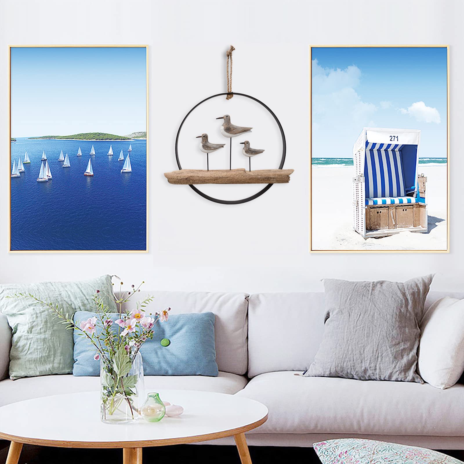 E-view Nautical Wood Wall Decoration Rustic Wooden Hanging Circle Ocean Home Decor Hand Carved Beach Themed Ornament for Door (Seagull)