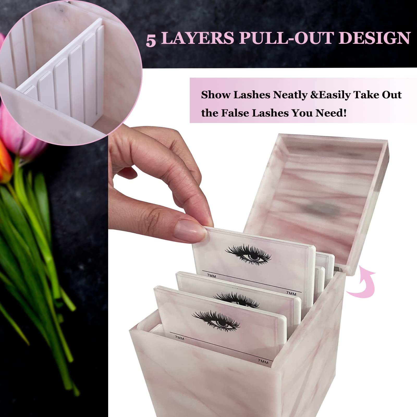 AREMOD 5 Layers Marbled Acrylic False Eyelash Storage Box False Lashes Organizer Case Grafting Eyelashes Holder Tray Lash Display Container (5 Layers-Pink)
