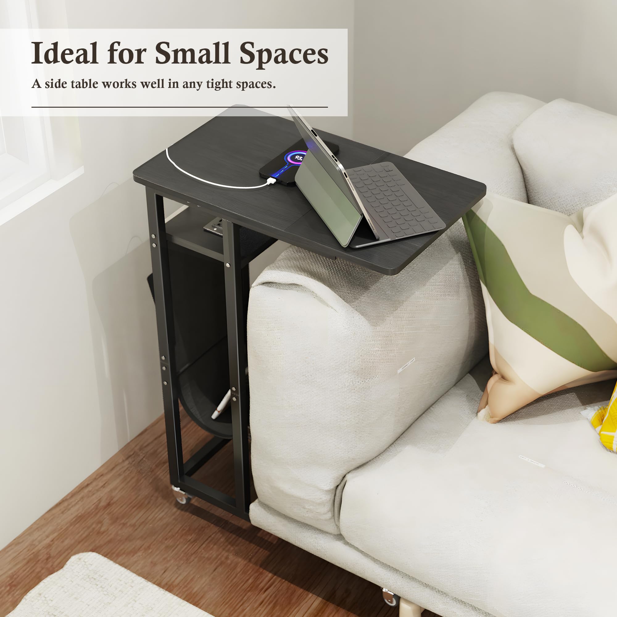 Colima C Shaped Slide Cover End Table with Charging Station, Narrow Sofa Side Table with USB Port and Wheels, Couch Table Bedside Table with Storage Bags for Office Living Room Bedroom Black