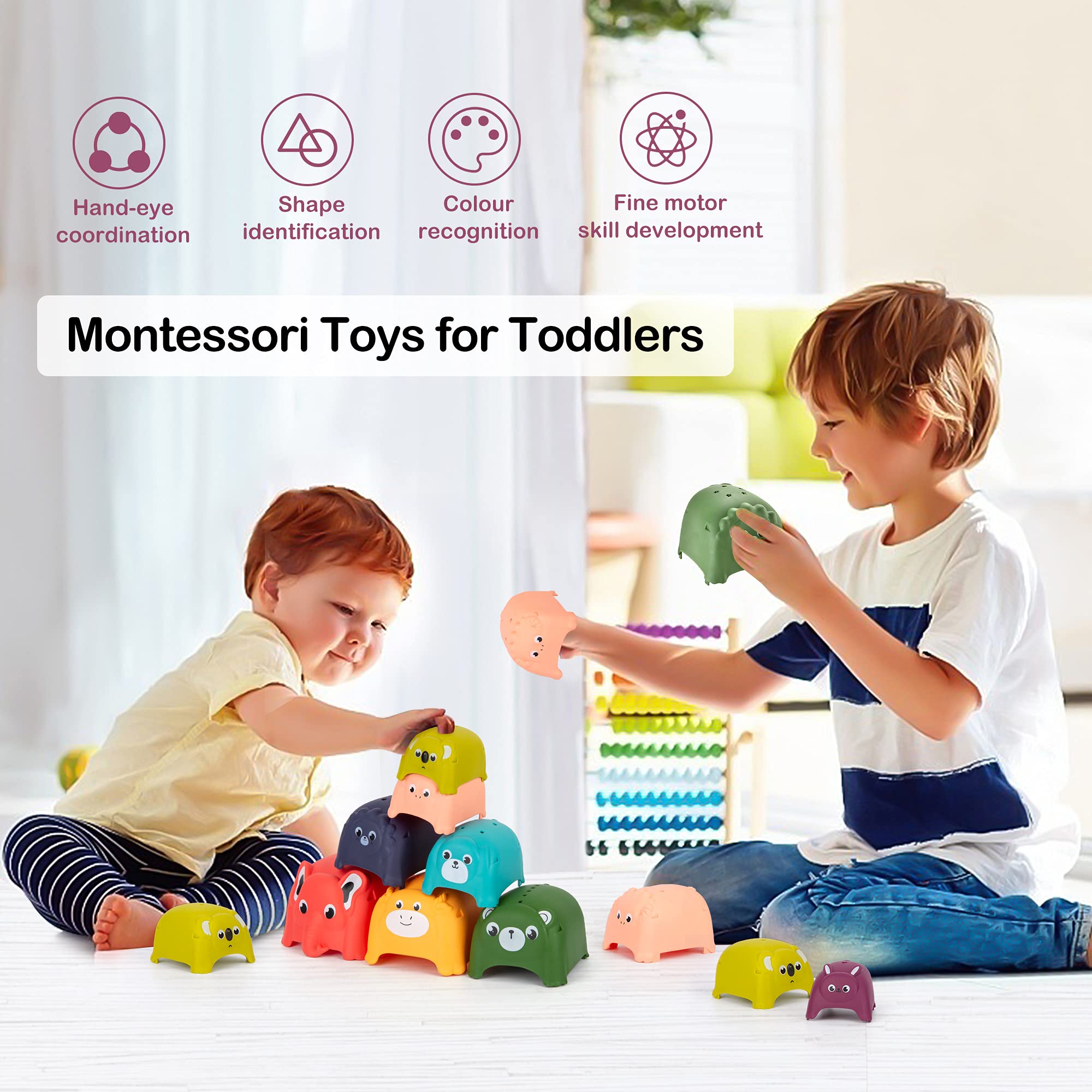 EINSTEM Toddler Toys Age 1-2, 2-4, Animal Stacking Cups, Baby Toys for Boys and Girls Learning Sorting and Building Blocks, 8 Pieces