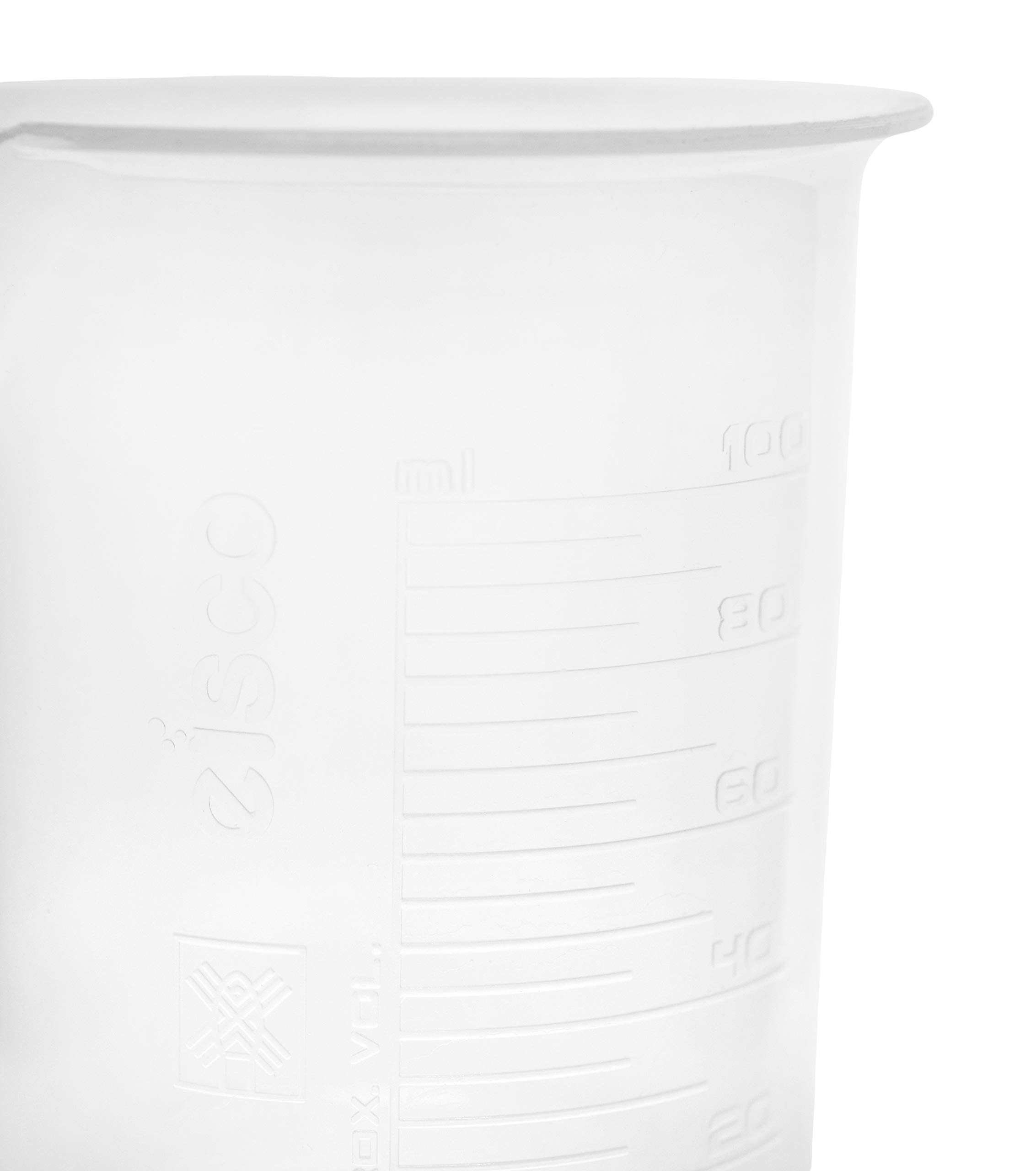 EISCO Plastic Beaker, 100ml - Polypropylene Plastic - Raised Graduations, Tapered Spout - Euro Design