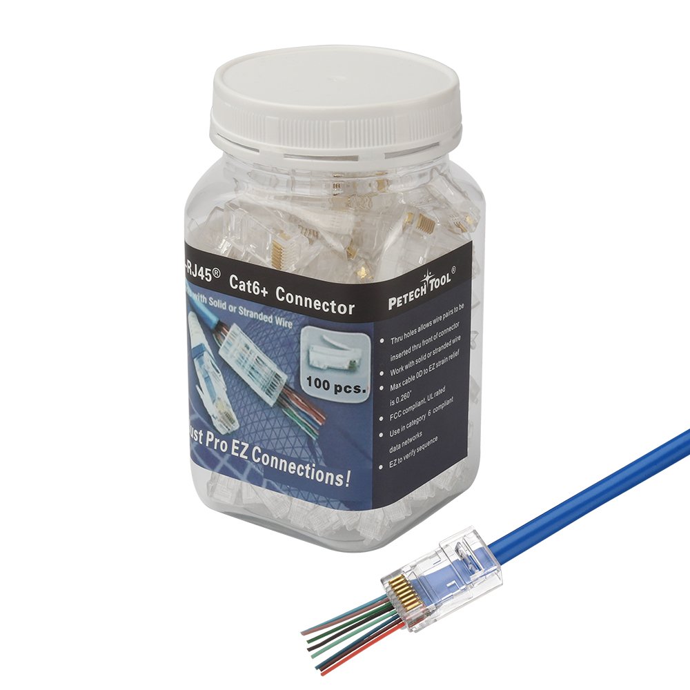 PETECHTOOL 100-Pack RJ45 CAT6A CAT6 Pass Through Connectors 23AWG Cables-End Bold UTP Ethernet 8P8C Gold Plated Modular Plug for Unshielded Twisted Pair Solid Wire Standard Cables