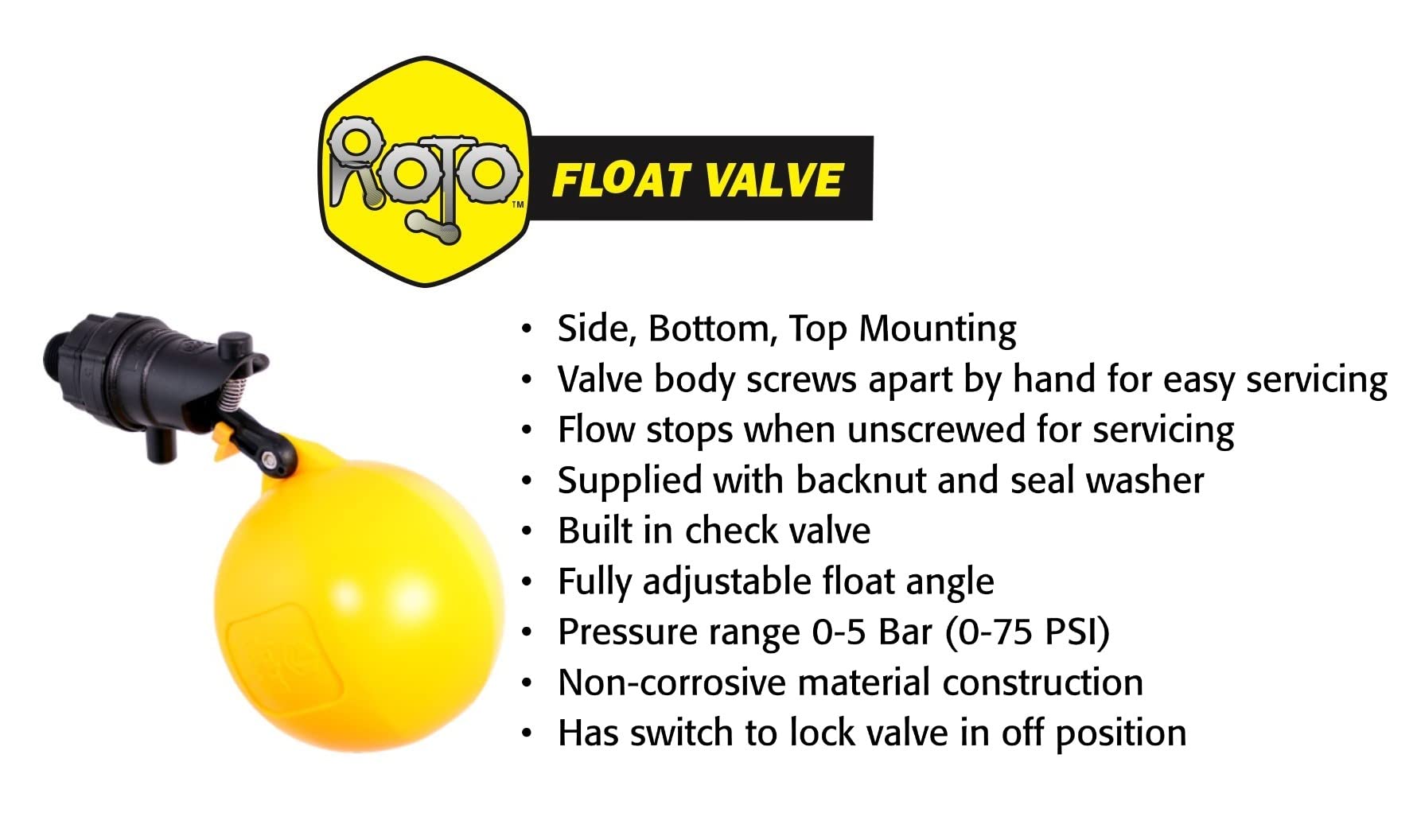 Jobe Valves J-RJV0075HF Rojo High-Flow Low-Pressure Float Valve, 4.9"-Wide Float, 3" Extension Arm, 20L/Min, 75PSI, 3/4" NPT Inlet, Yellow/Black