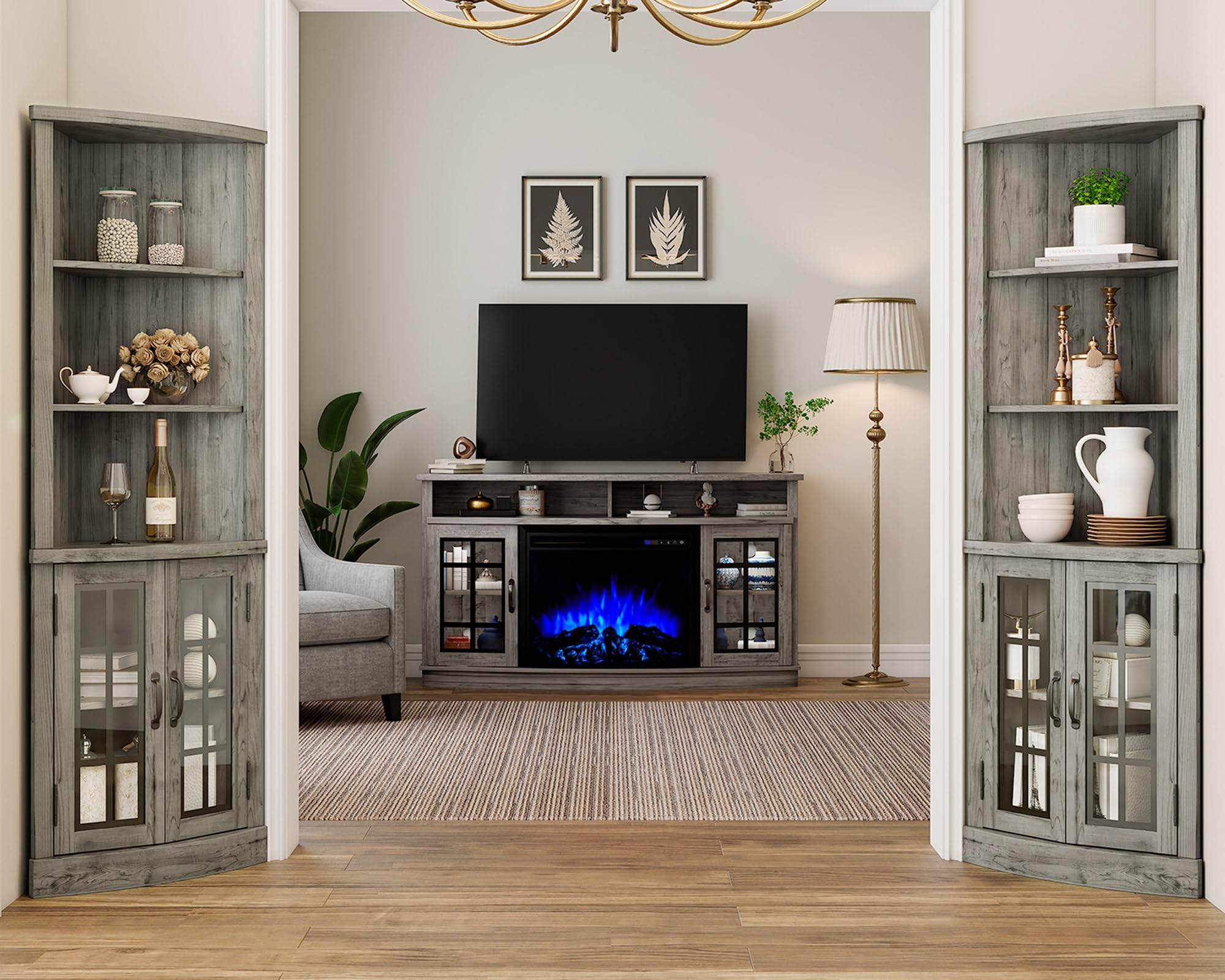 AMERLIFE Curved Corner Storage Cabinet, 65" Tall Freestanding Bookcase with Glass Doors & Adjustable Shelves, 5-Tier Corner Display Cabinet for Living Room, Bathroom, Laundry Room, Washed grey