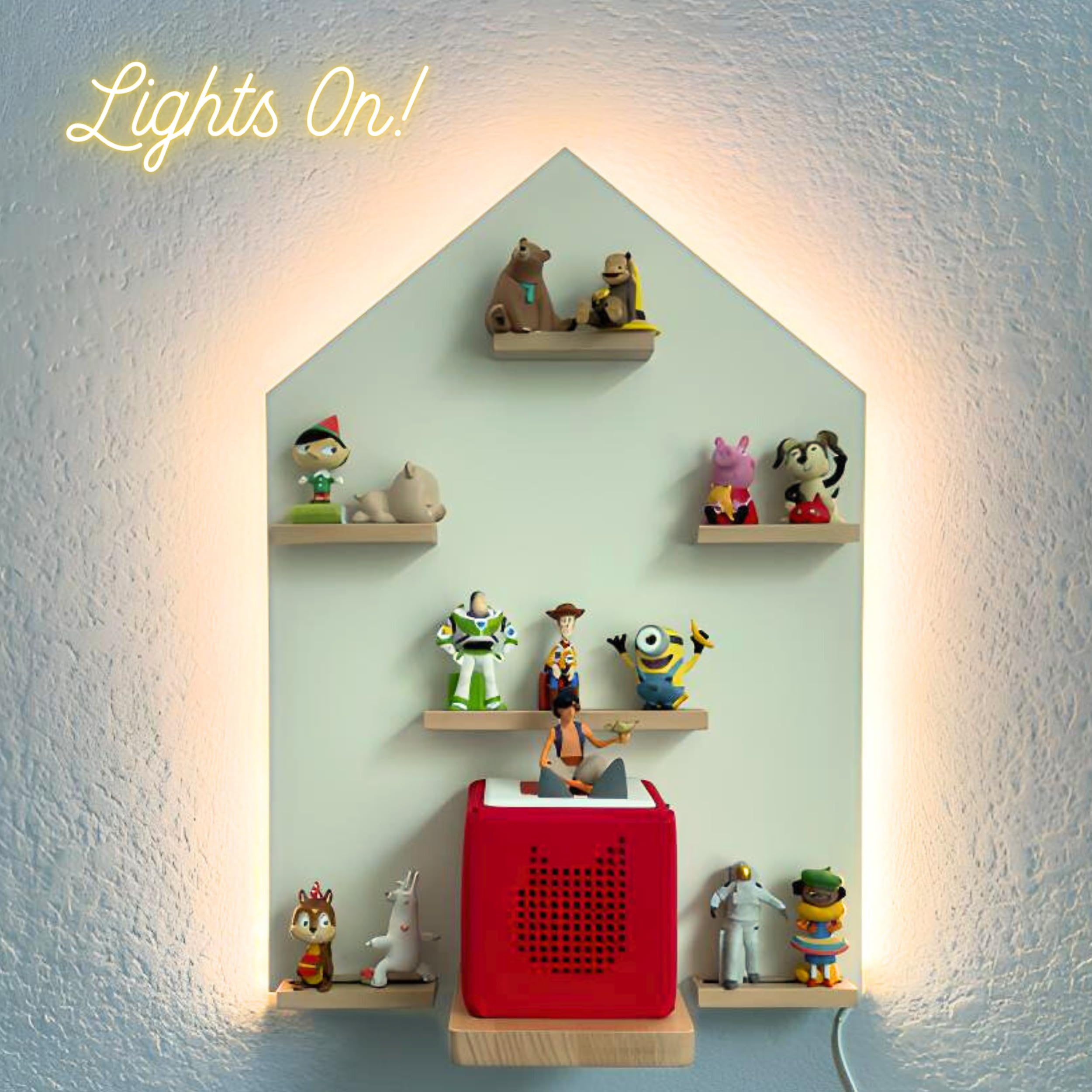 BigStep Large LED Magnetic Shelf Compatible with Toniebox, Tonies Figures, Tonies Characters and Other Tonies Accessories - Use as Wall Shelf or Free Standing - Integrated Warm-White LED Strip