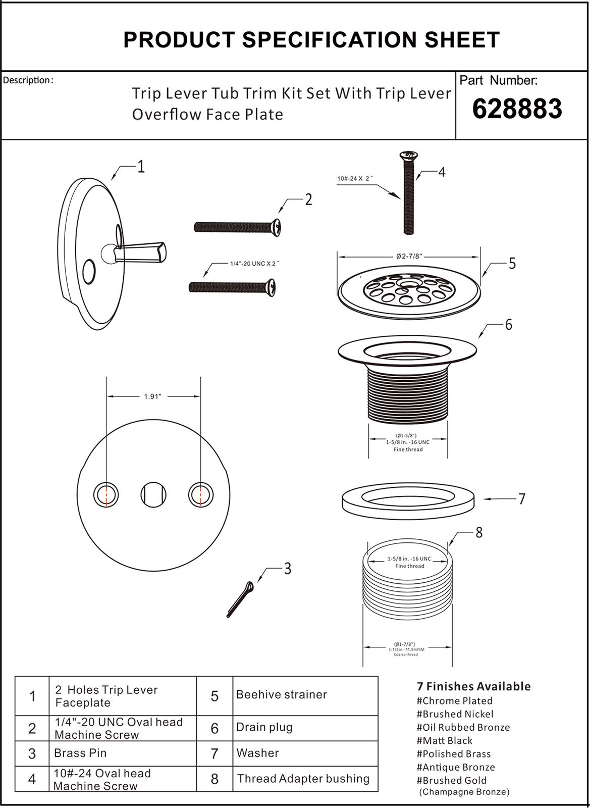 Artiwell Trip Lever Tub Trim Kit Set With Trip Lever Overflow Face Plate, Trip Lever Bathtub Drain with Strainer, Overflow and Matching Screws (BRUSHED NICKEL)