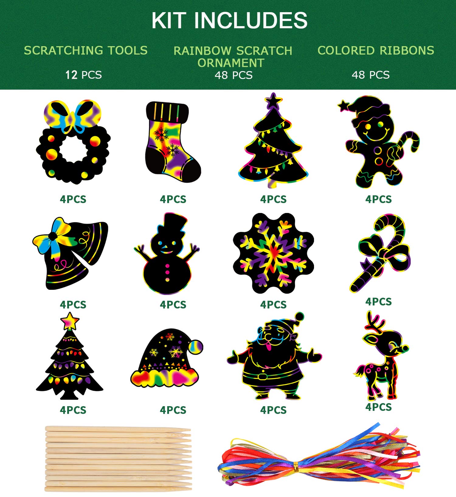 FINGOOO Scratch Art for Kids,48 Christmas Rainbow Scratch Paper Art Set with 12 Wooden Stylus Xmas Craft Decor