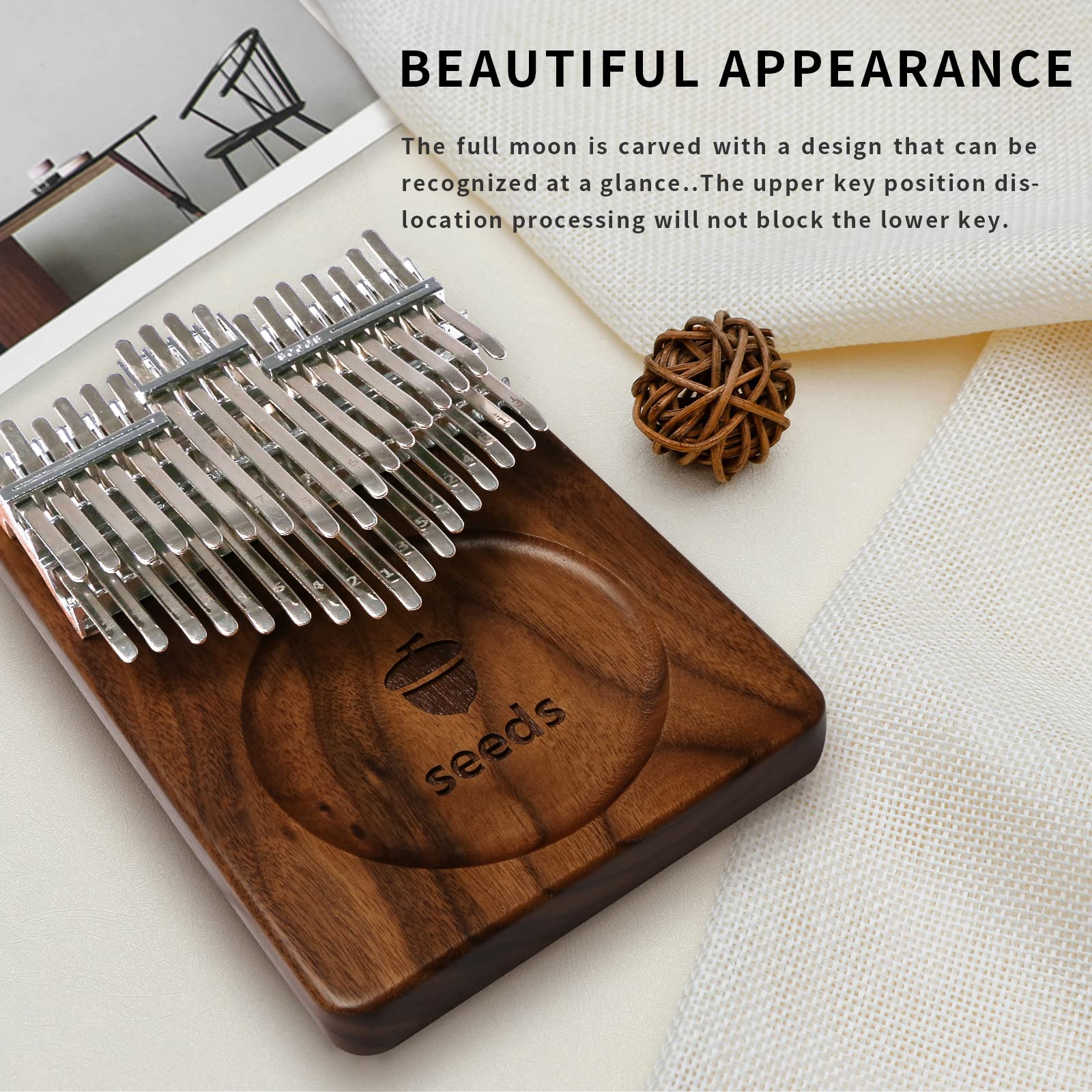 Seeds Kalimba 34 Key Chromatic Thumb Piano Pisces C-Tuned,Double Layer Flat Board Black Walnut Musical Instruments Gift Idea for Children Adults Beginners and Professionals