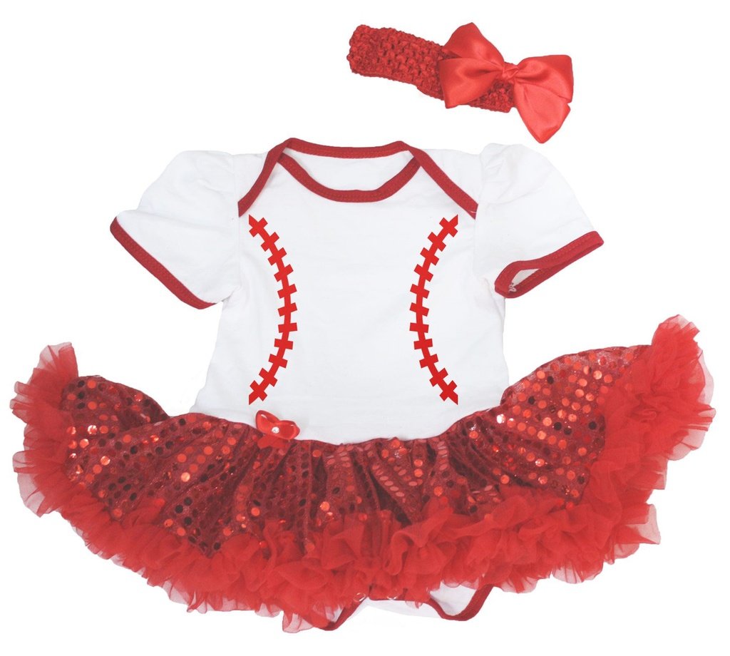 Petitebella Baseball Print Baby Dress Nb-18m (White/Red Sequins, 0-3 Months)