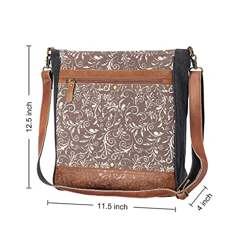 ANNGOTI Canvas & Cowhide Shoulder Bag for Women, Vintage Style with Genuine Leather, Handmade Print Crossbody Bag with Zipper Top & Adjustable Strap