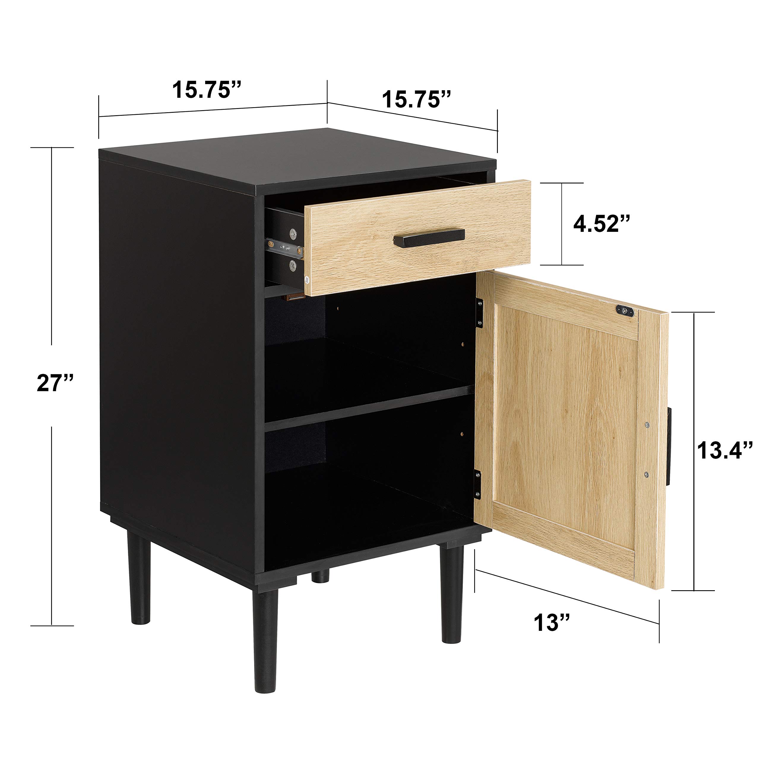 Finnhomy Tall Nightstands Set of 2, Night Stand, Bedside Table Set of 2 with Drawer and Shelf, Hand Made Rattan Decorated Doors, Nightstands with Storage for Bedroom, Black, 2 Pack