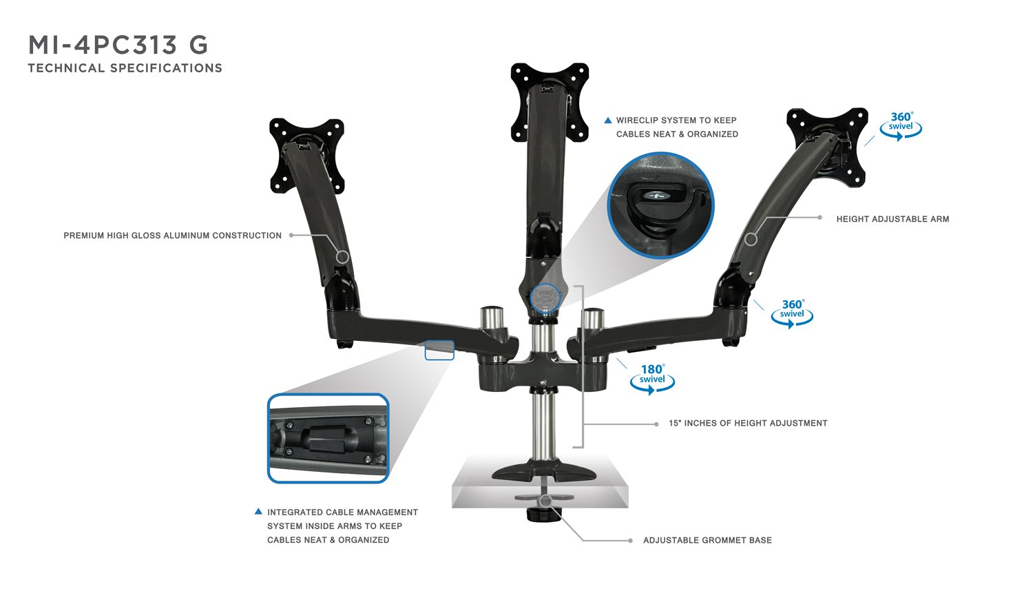 Mount-It! MI-4PC313G Triple Desk Monitor Mount, Gray