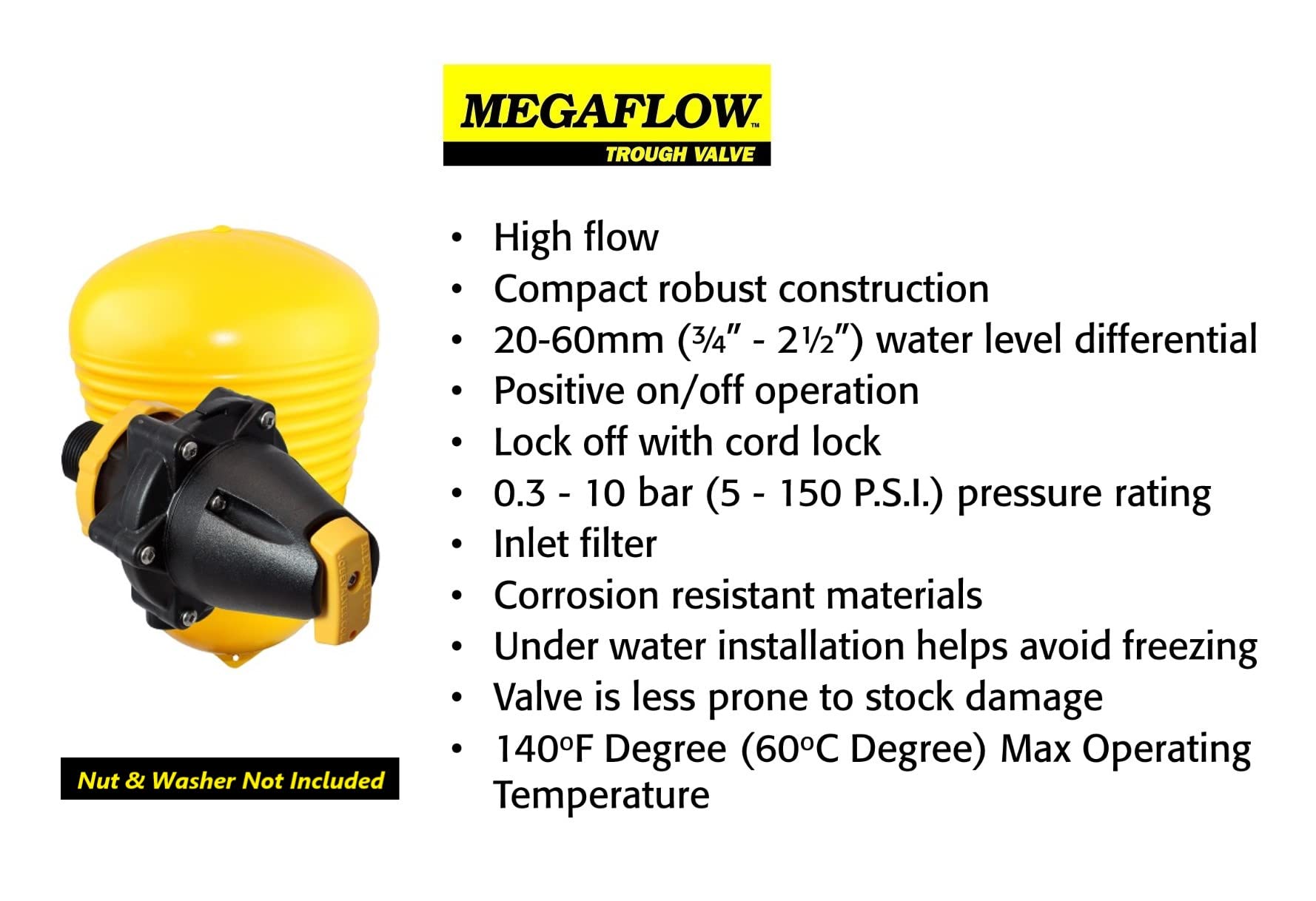 Jobe Valves Megaflow Valve with Short Tail, 3/4", Yellow/Black (Does NOT have Nut and Washer)