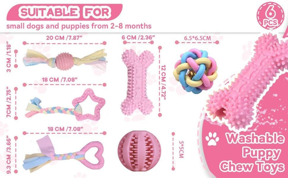 Bambinom Puppy Chew Toys, 6 Pack Puppy Teething Toys for Small Breed, Soft Rubber Cute Pink Dog Toys, Eco-Friendly, Teeth Cleaning Interactive for Small Dogs