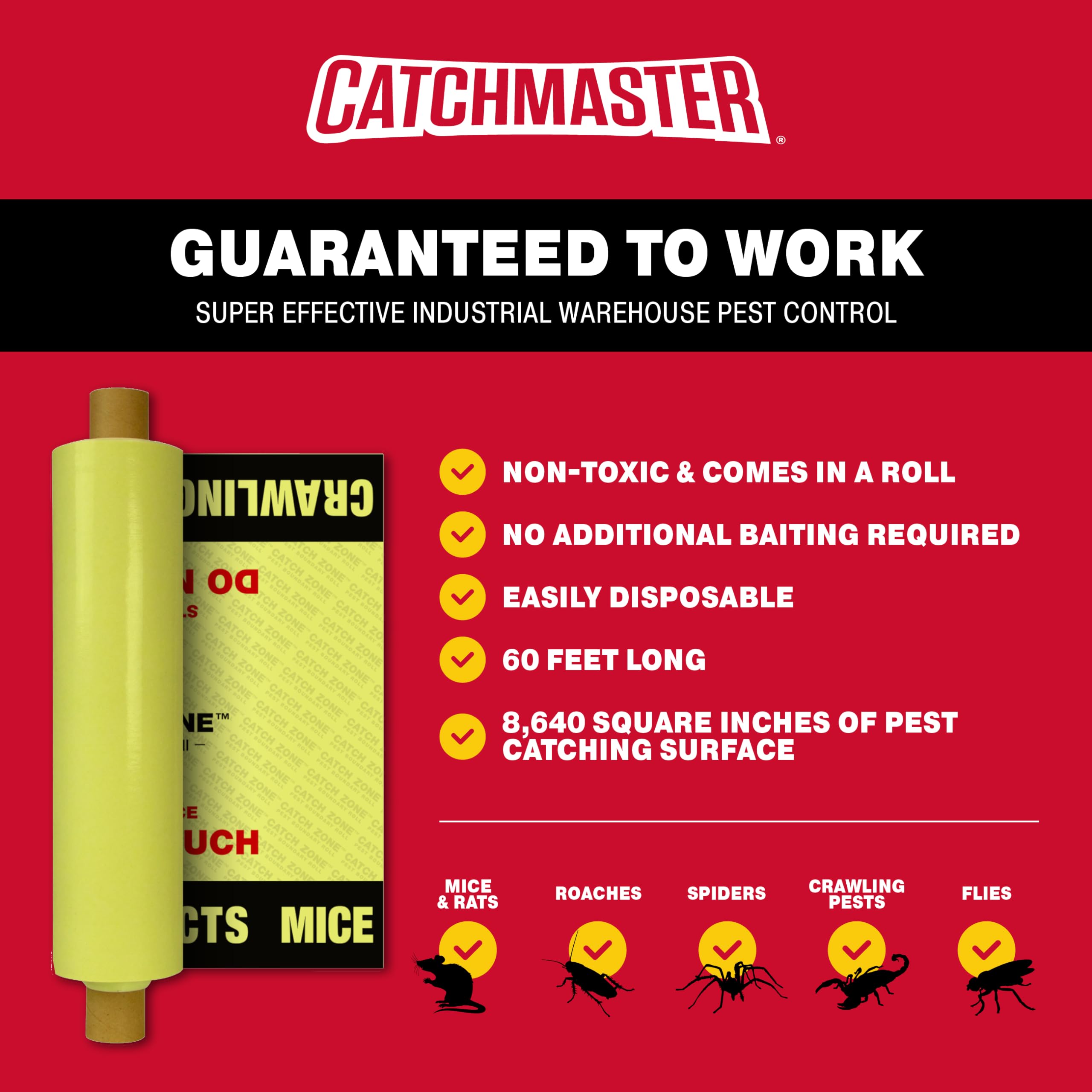 Catchmaster Catch Zone Pest Boundary Roll 1-PK 60FT, Adhesive Mouse Traps Indoor, Spider, Lizard, & Ant Sticky Traps for Crawling Insects, Pest Control Glue Traps for Warehouse, Basement, & Kitchen