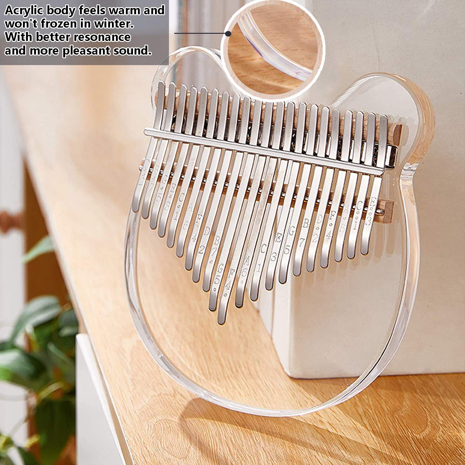 FUNLLY Kalimba Thumb Piano 21 Keys Clear, Crystal Acrylic Cute Bear Mbira Musical Instruments Kit with Engraved Notes Eva Bag Study Instruction, Gifts For Kids Adults