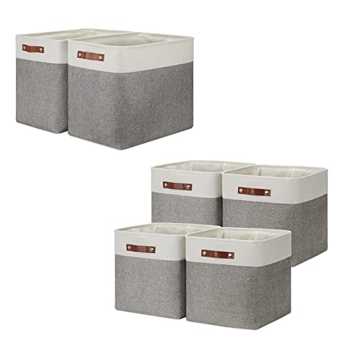 DULLEMELO Collapsible Bundle Baskets 2 Large Baskets 17"x12"x15" + 4 Cube Baskets 13"x13"x13"(White&Grey)
